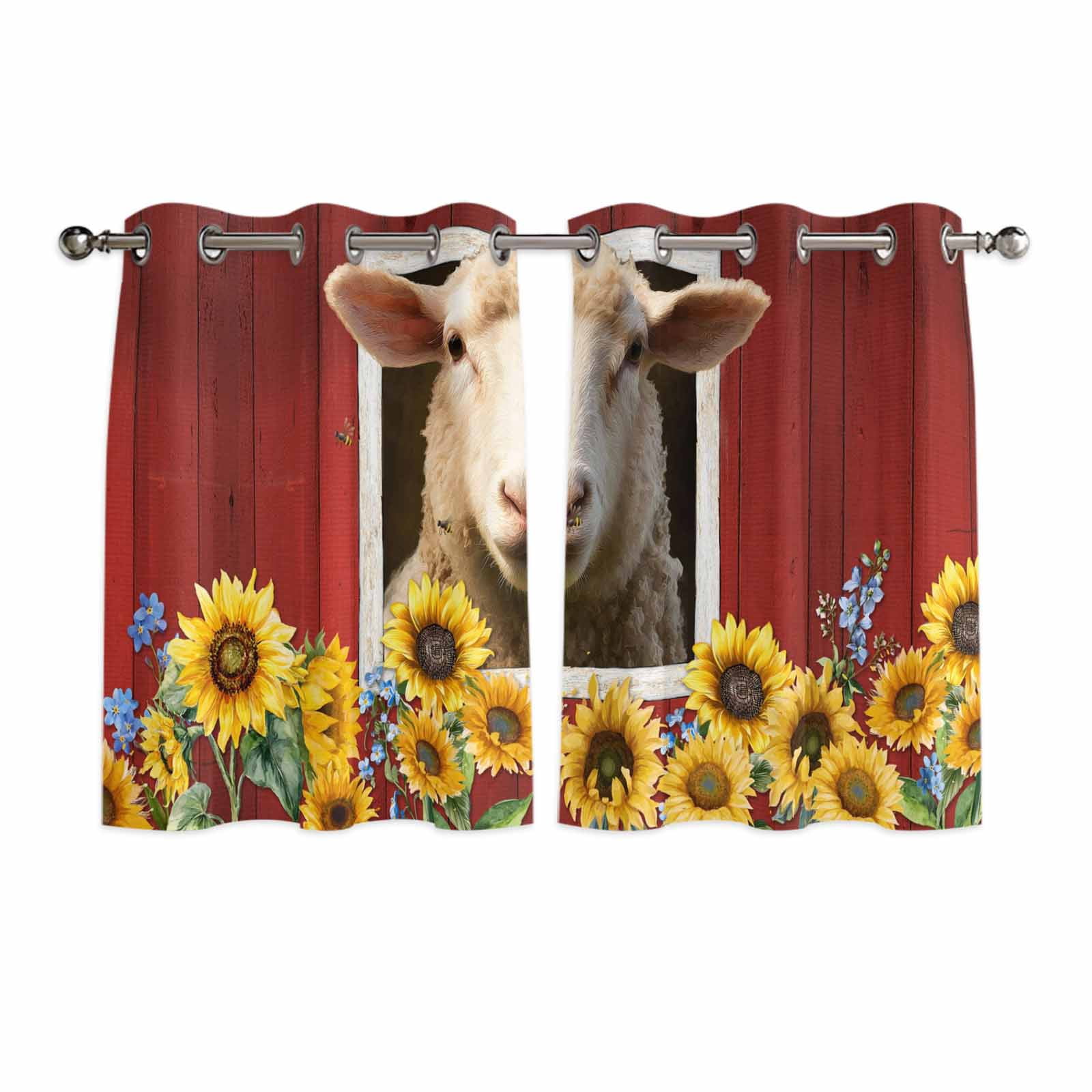 Sheep Sunflower Kitchen Curtains Window Panels, Country Red Farm Barn ...