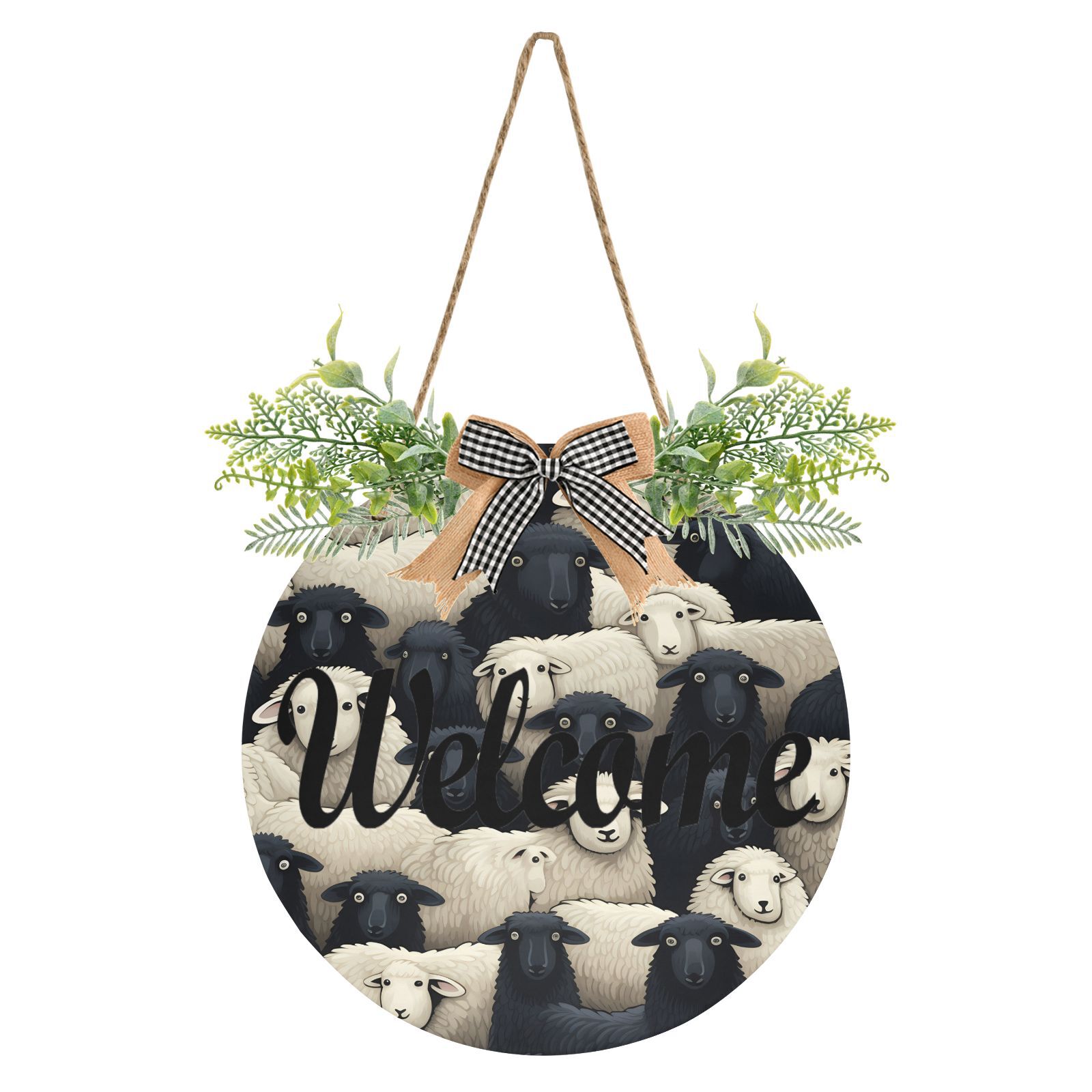 Sheep White Black Welcome Sign for Front Door Wreath Door Sign for ...