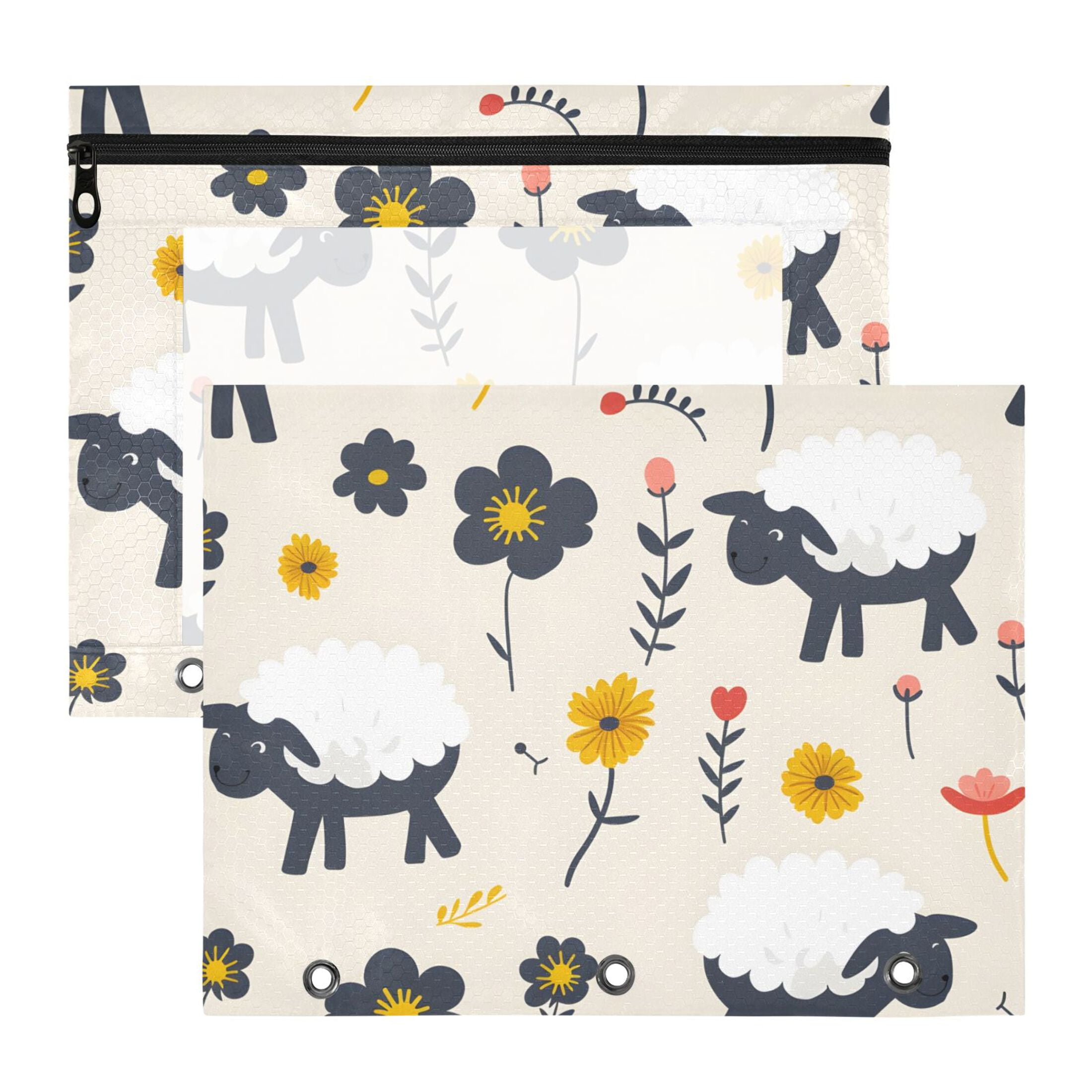 Sheep in Floral Field Cute Cartoon 3-Ring Binder Pouches A4 Size Zipper ...