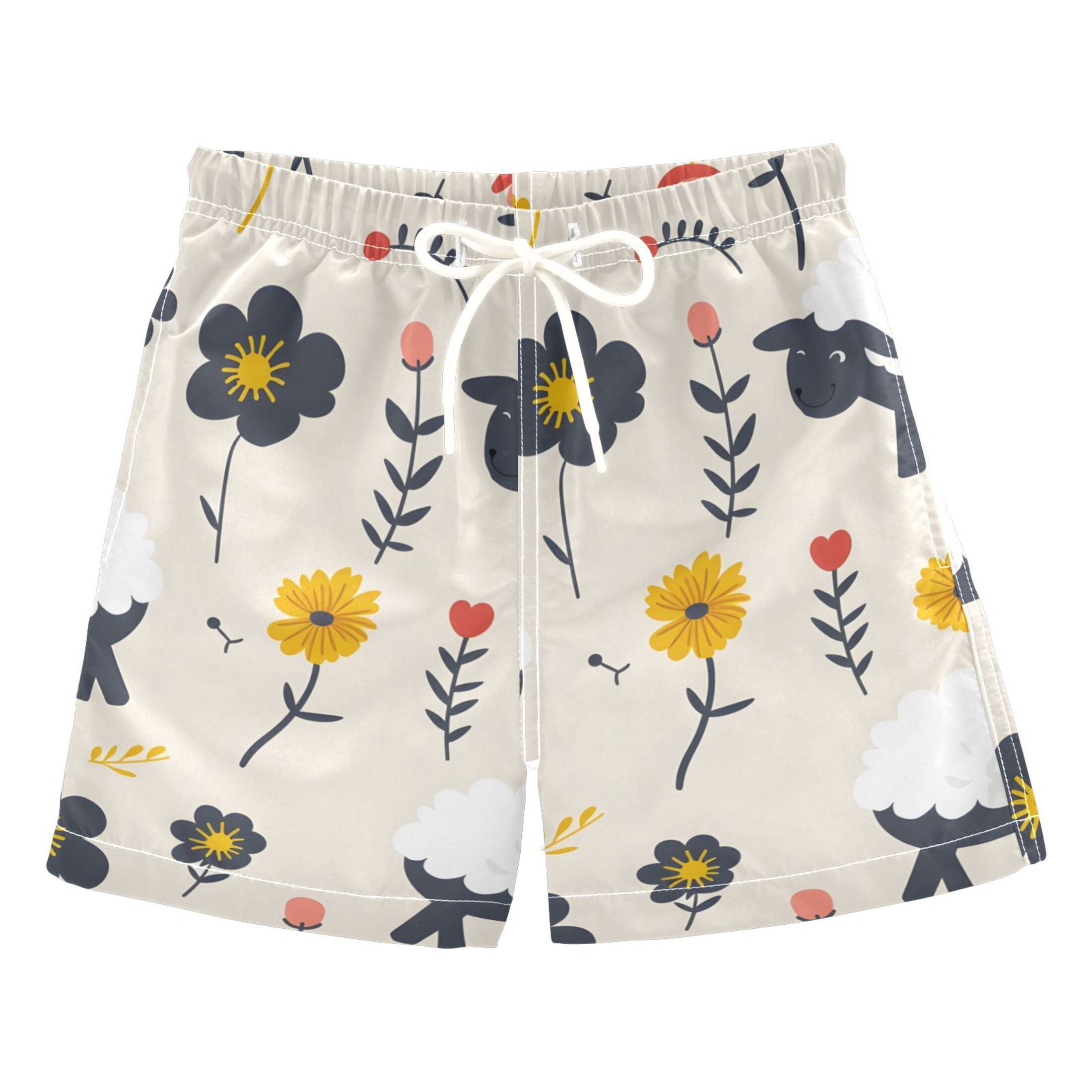 Sheep in Floral Field Cute Cartoon Boys' Swim Trunks Board Shorts Beach ...