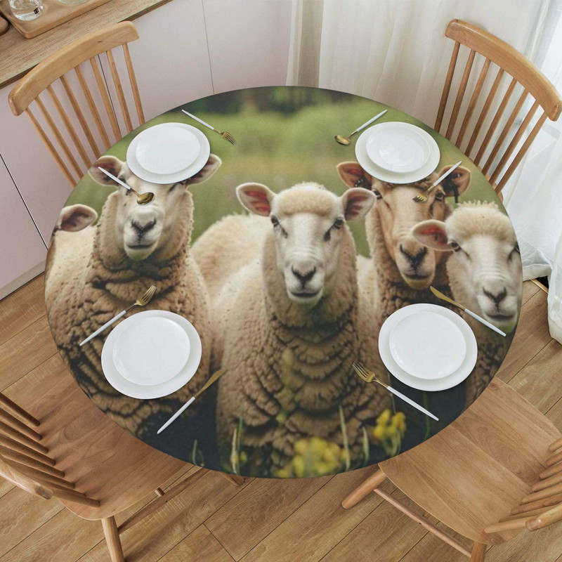 Sheep in The Countryside Round Fitted Tablecloth with Elastic Fitted ...