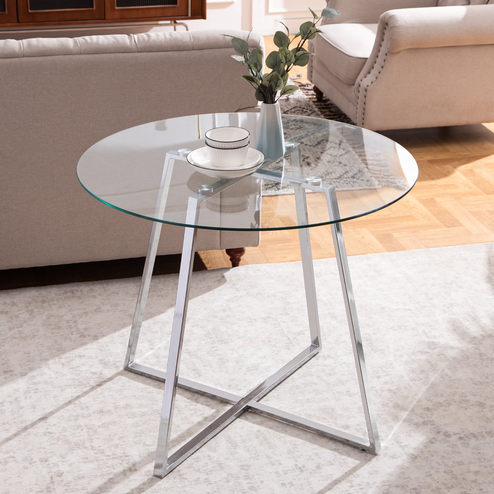 Sheepping Small Circle Dinner Dining Table, Modern Round Glass Metal ...