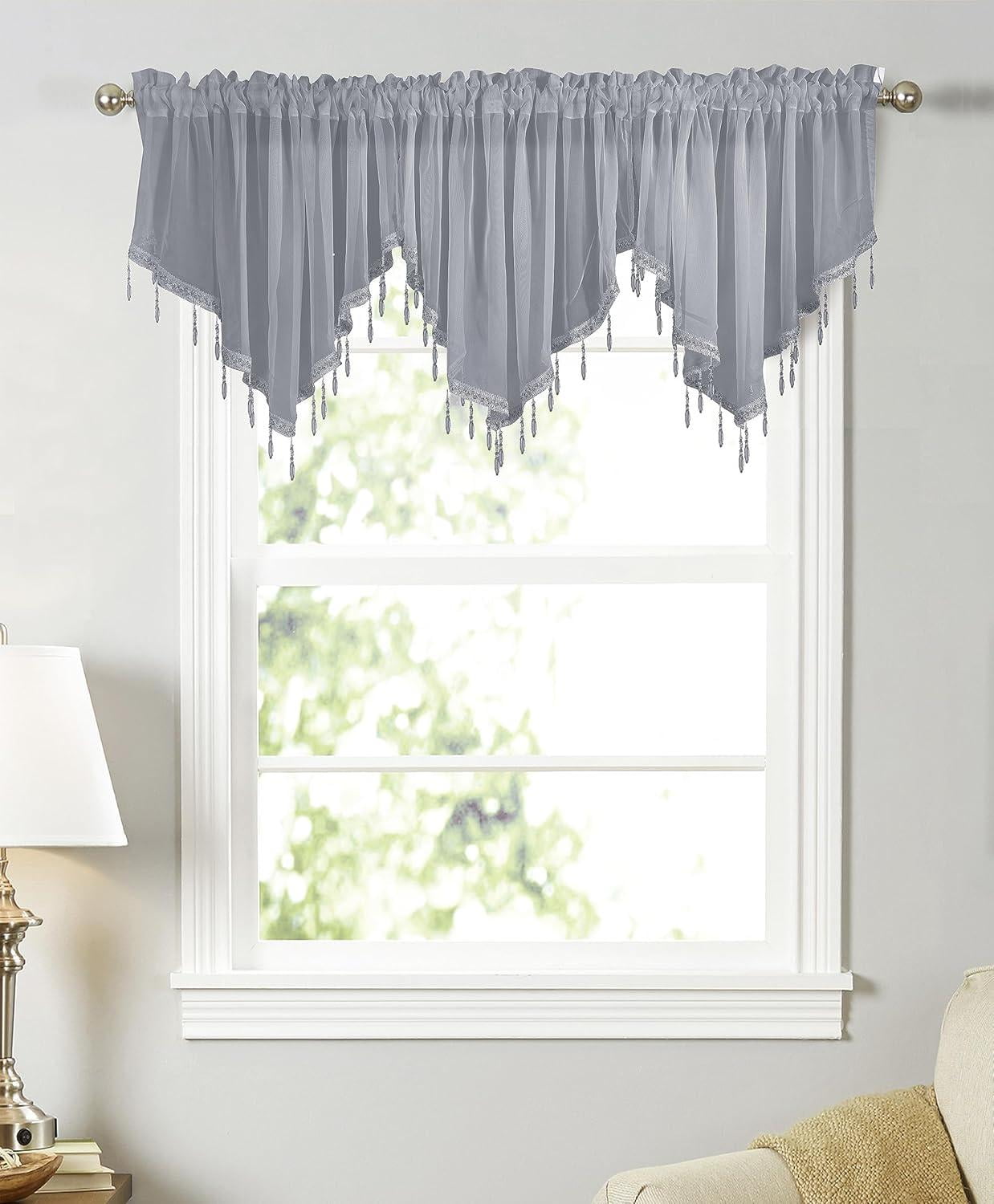 Sheer Beaded Grey Valance Curtain 3 Panels for Kitchen Bedroom ...