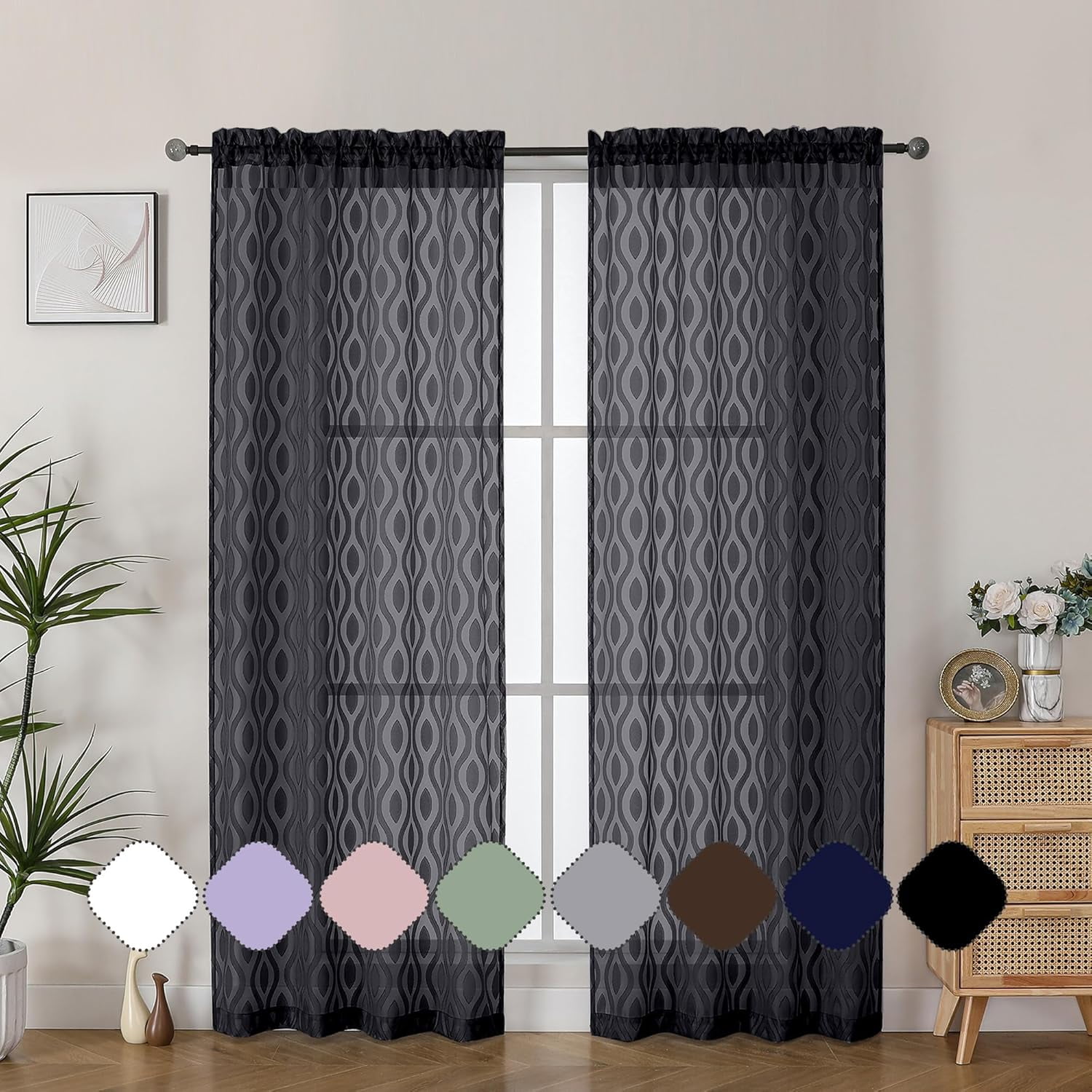 Sheer Black Curtains 72 Inches Long for Living Room 2 Panels Set, Light Filtering Clip Jacquard ...