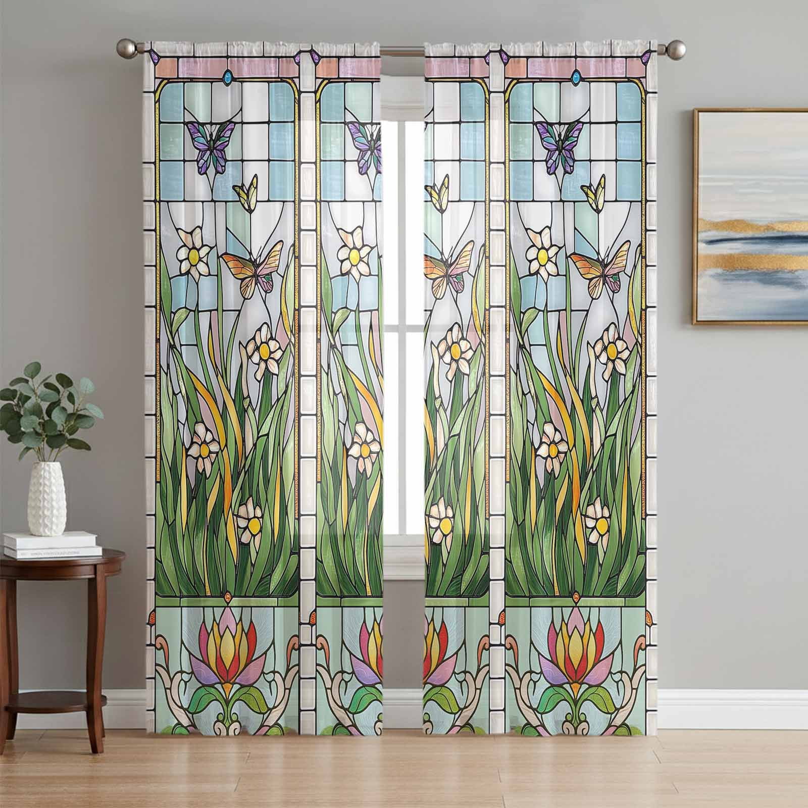 Sheer Curtain Panels Butterfly Rod Pocket Voile Window Curtains Color ...