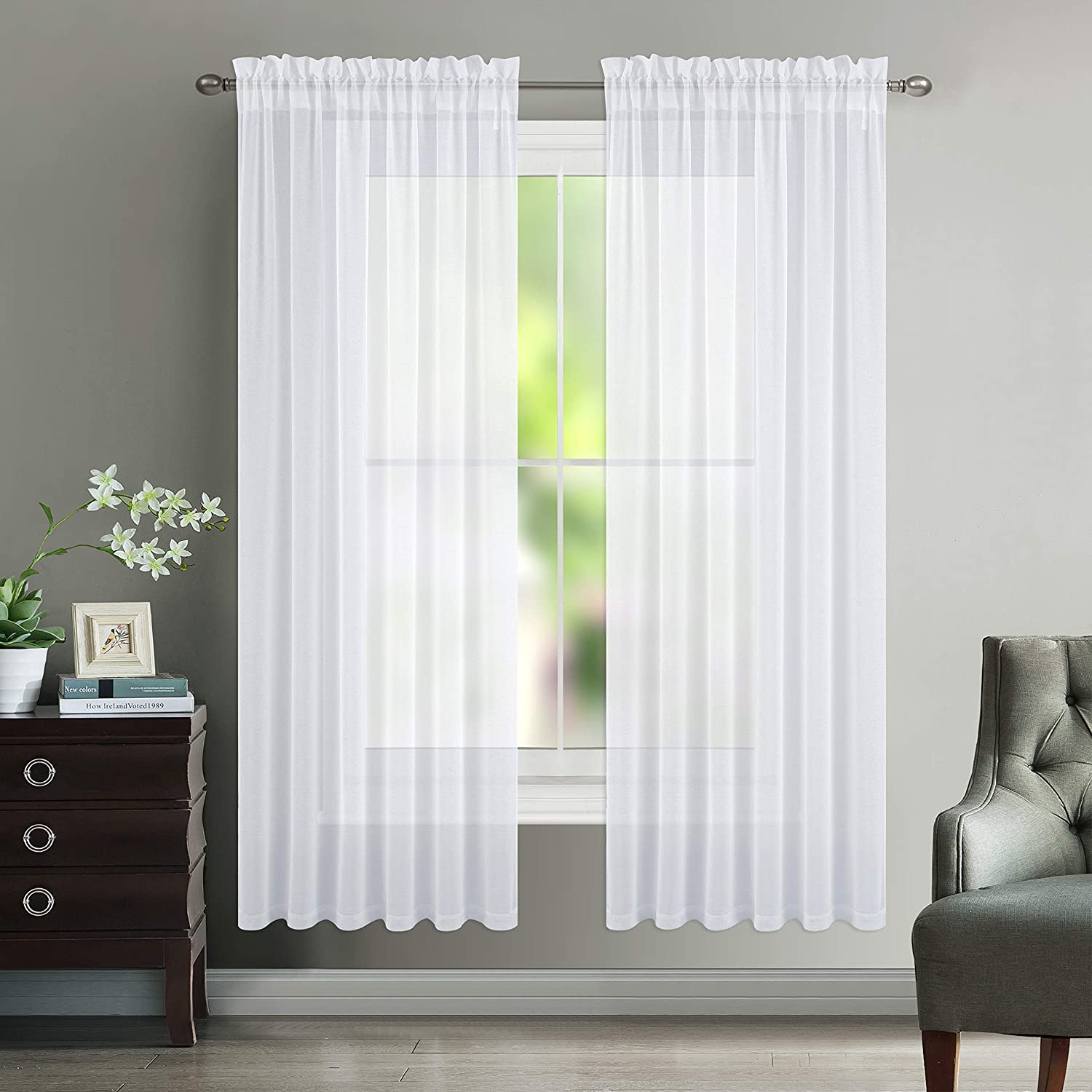 Sheer Curtain Panels for Dining Room, Semi Voile Drapes Faux Linen ...