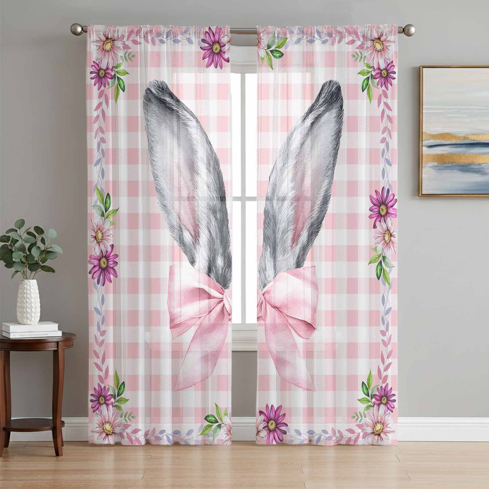 Sheer Curtain Panels Easter Bunny Ears Voile Window Curtains Bow Flower ...