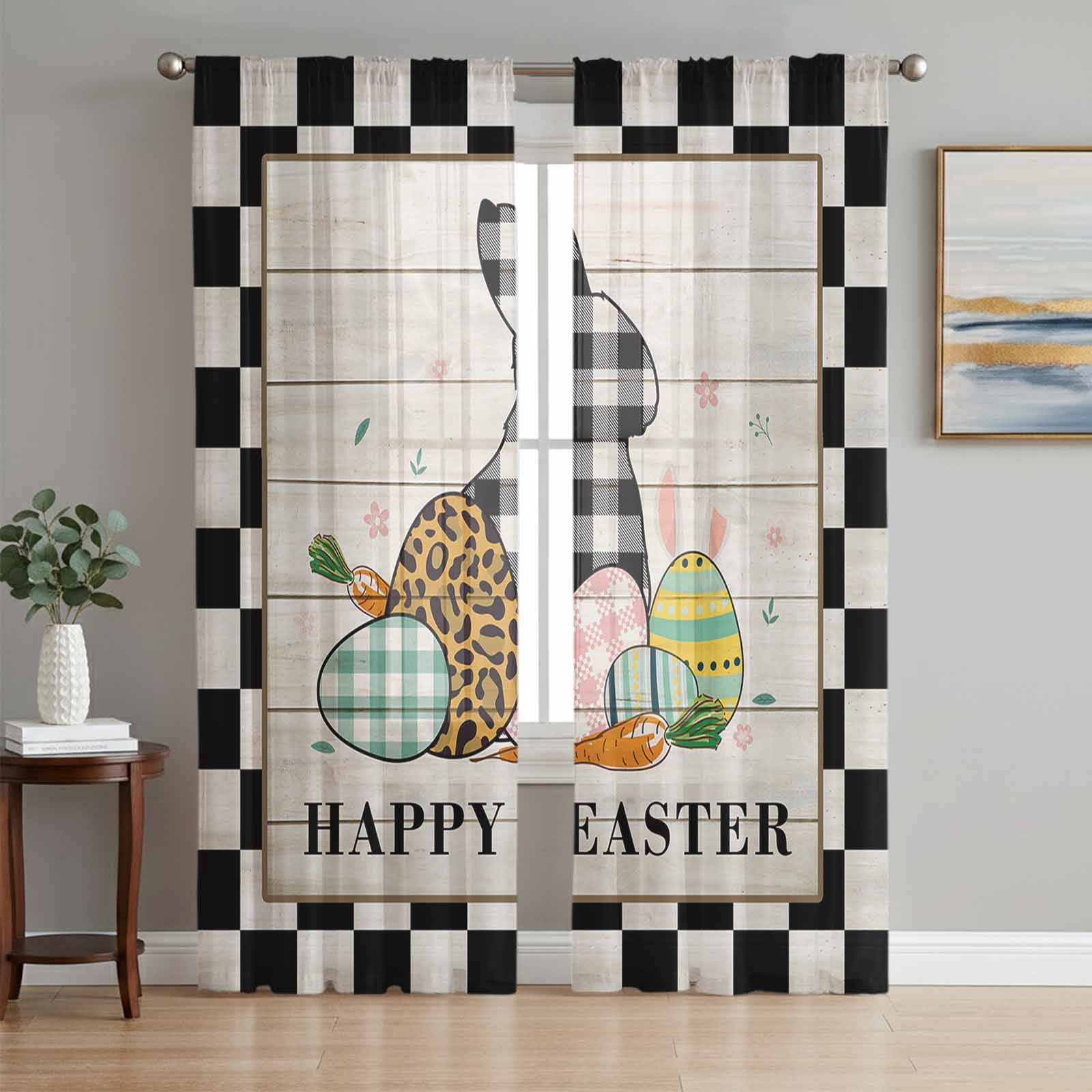 Sheer Curtain Panels Easter Egg Voile Window Curtains Rabbit Black ...