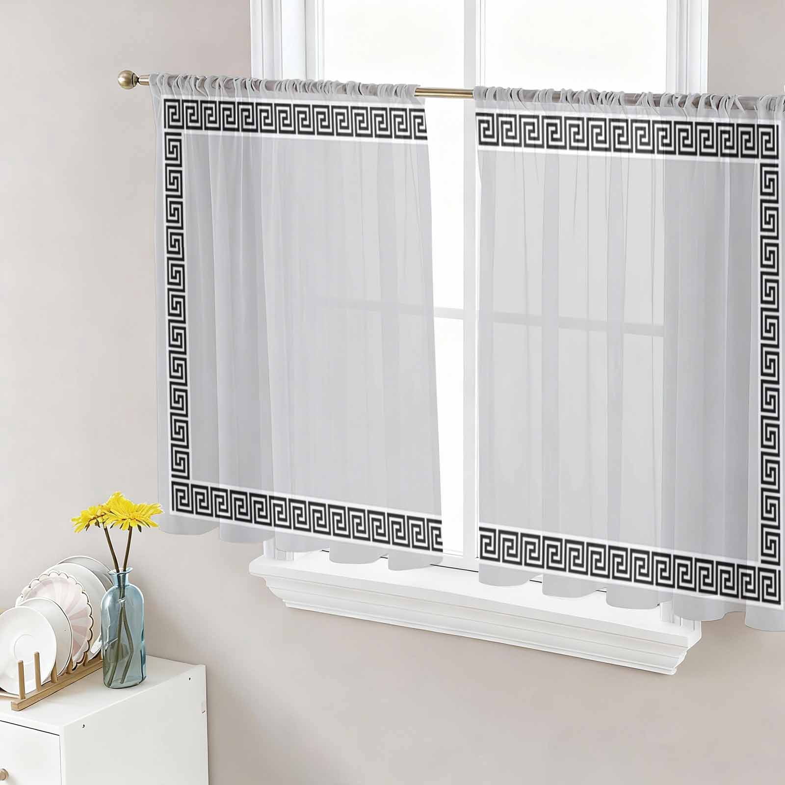 Sheer Curtain Panels Geometric Greek Key Design Rod Pocket Voile Window ...