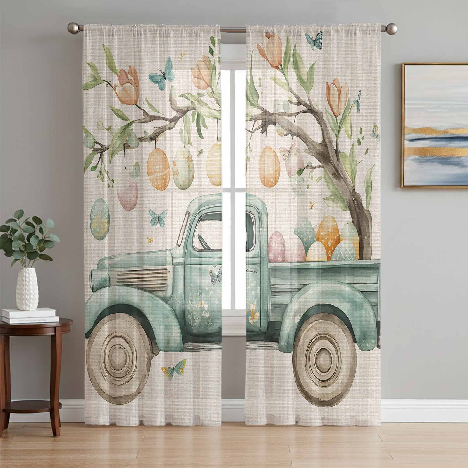 Sheer Curtain Panels Green Truck Butterfly Voile Window Curtains Egg ...