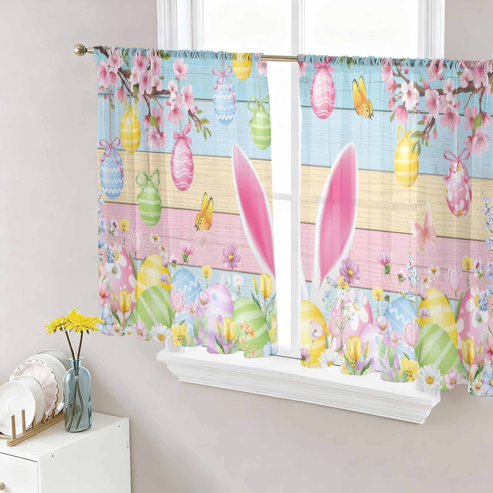 Sheer Curtain Panels Happy Easter Eggs Voile Window Curtains Bunny Ears ...