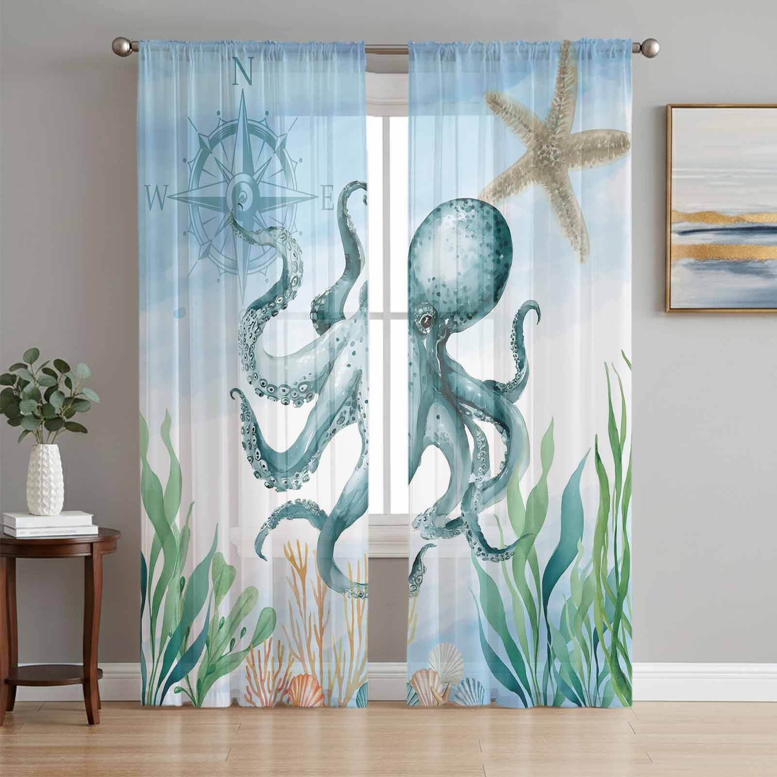 Sheer Curtain Panels Ocean Octopus Rod Pocket Voile Window Curtains ...