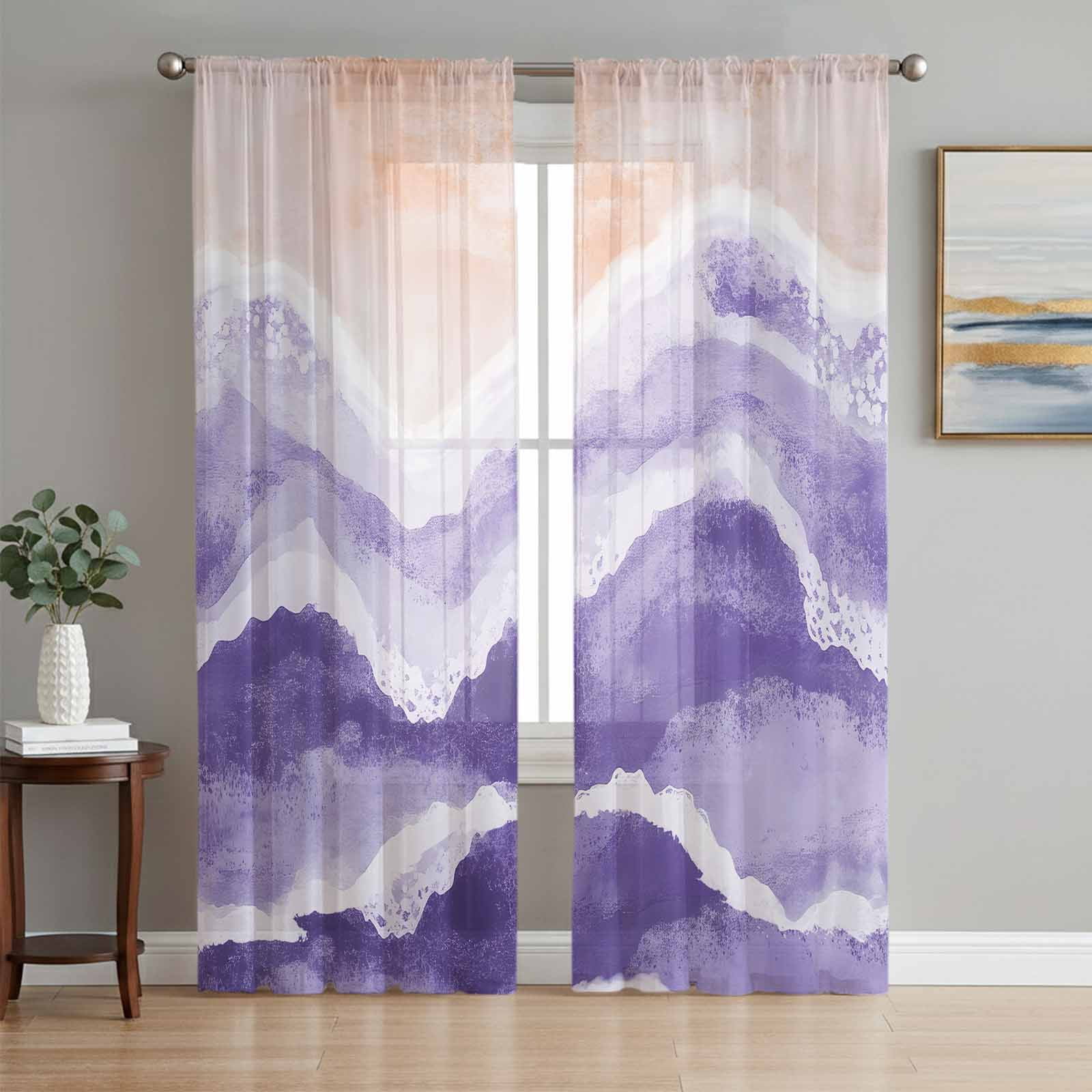 Sheer Curtain Panels Purple Ocean Waves Rod Pocket Voile Window ...