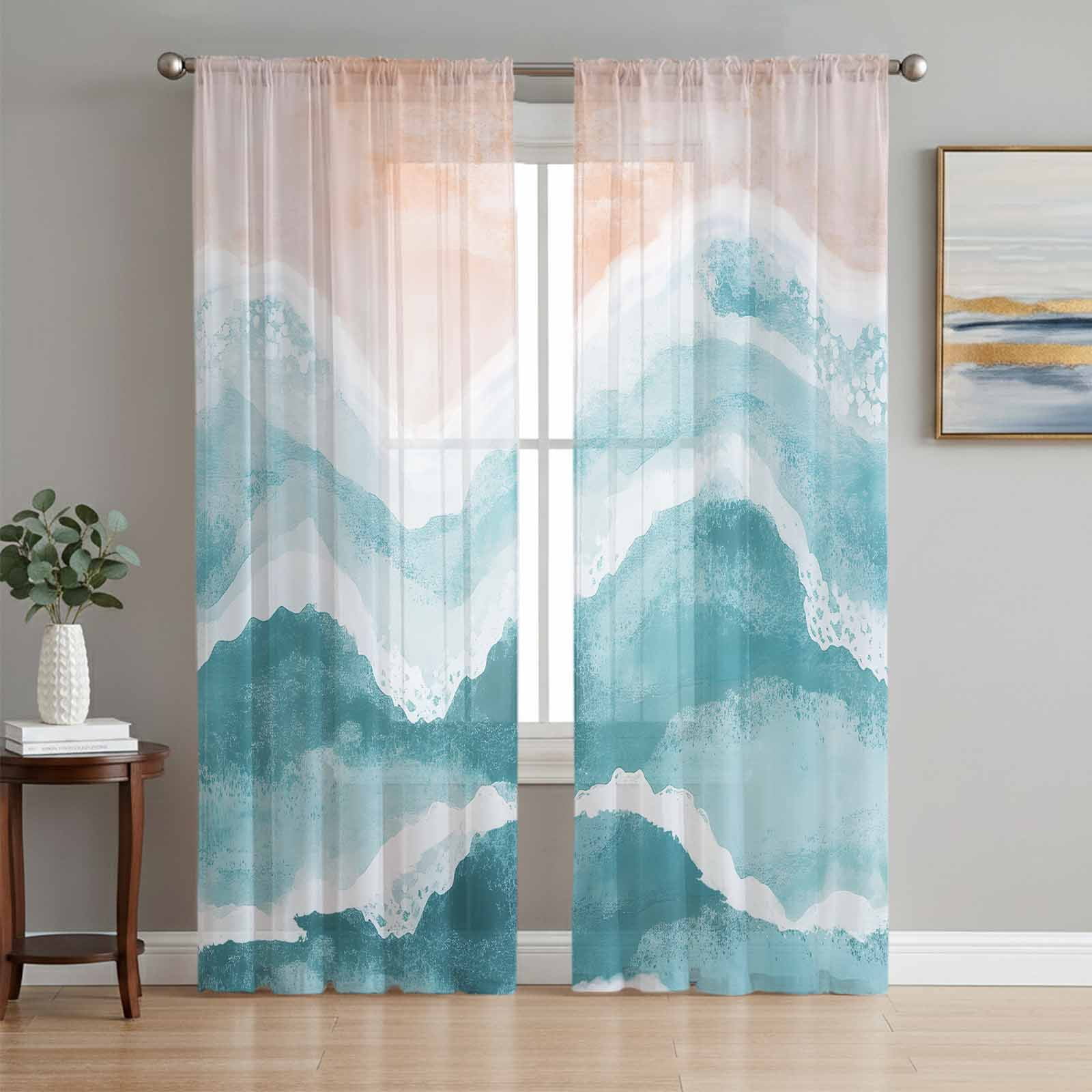 Sheer Curtain Panels Teal Green Ocean Waves Rod Pocket Voile Window ...