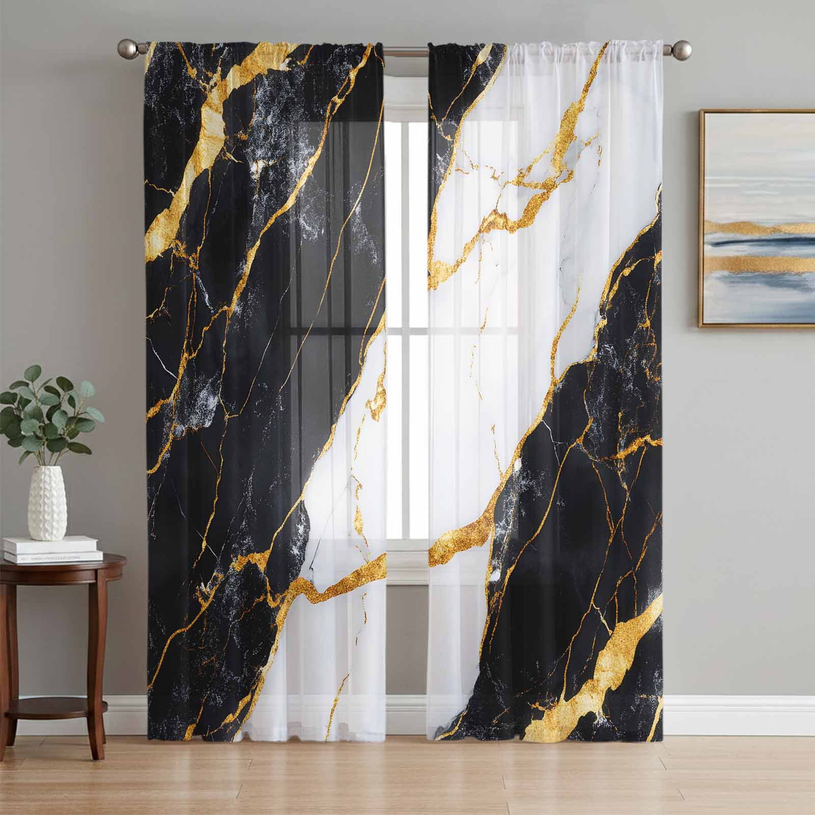 Sheer Curtains 108 Inches Long 2 Panels Set for Living Room, Black ...