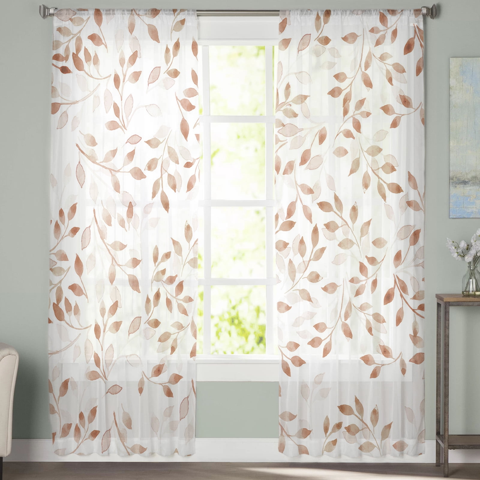 Sheer Curtains 108 inches Long, Abstract Geometric Brown Leaves ...