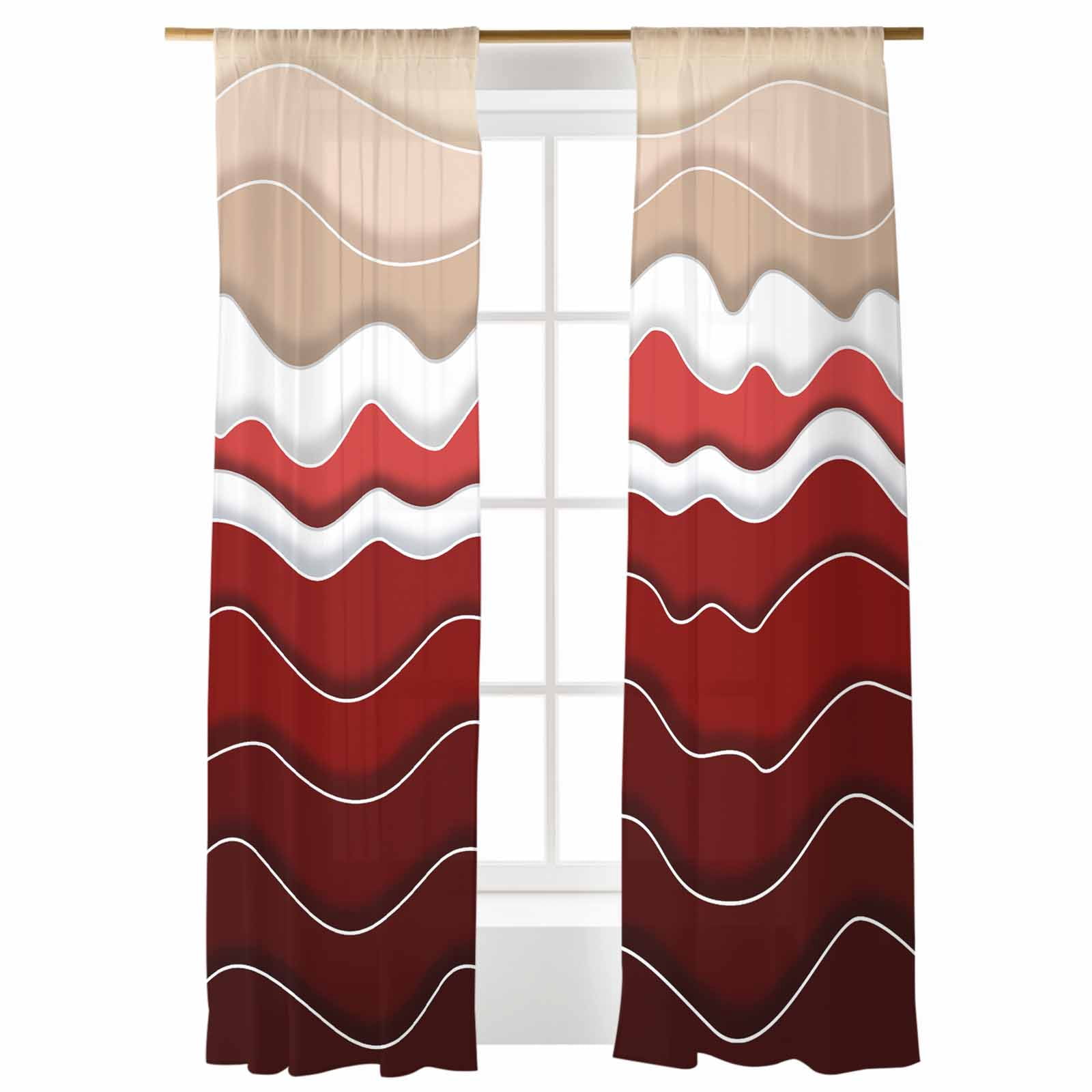 Sheer Curtains 108 inches Long, Abstract Red Brown Gradient Waves Beach ...