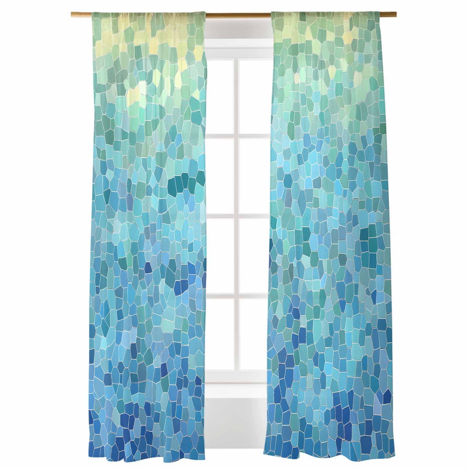 Sheer Curtains 108 inches Long, Abstract Turquoise Gradient Glass Shard ...