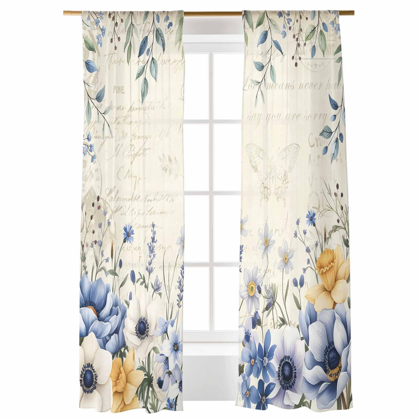 Sheer Curtains 108 inches Long, Blue Flowers Eucalyptus Leaves Farmhouse Retro Background Light ...