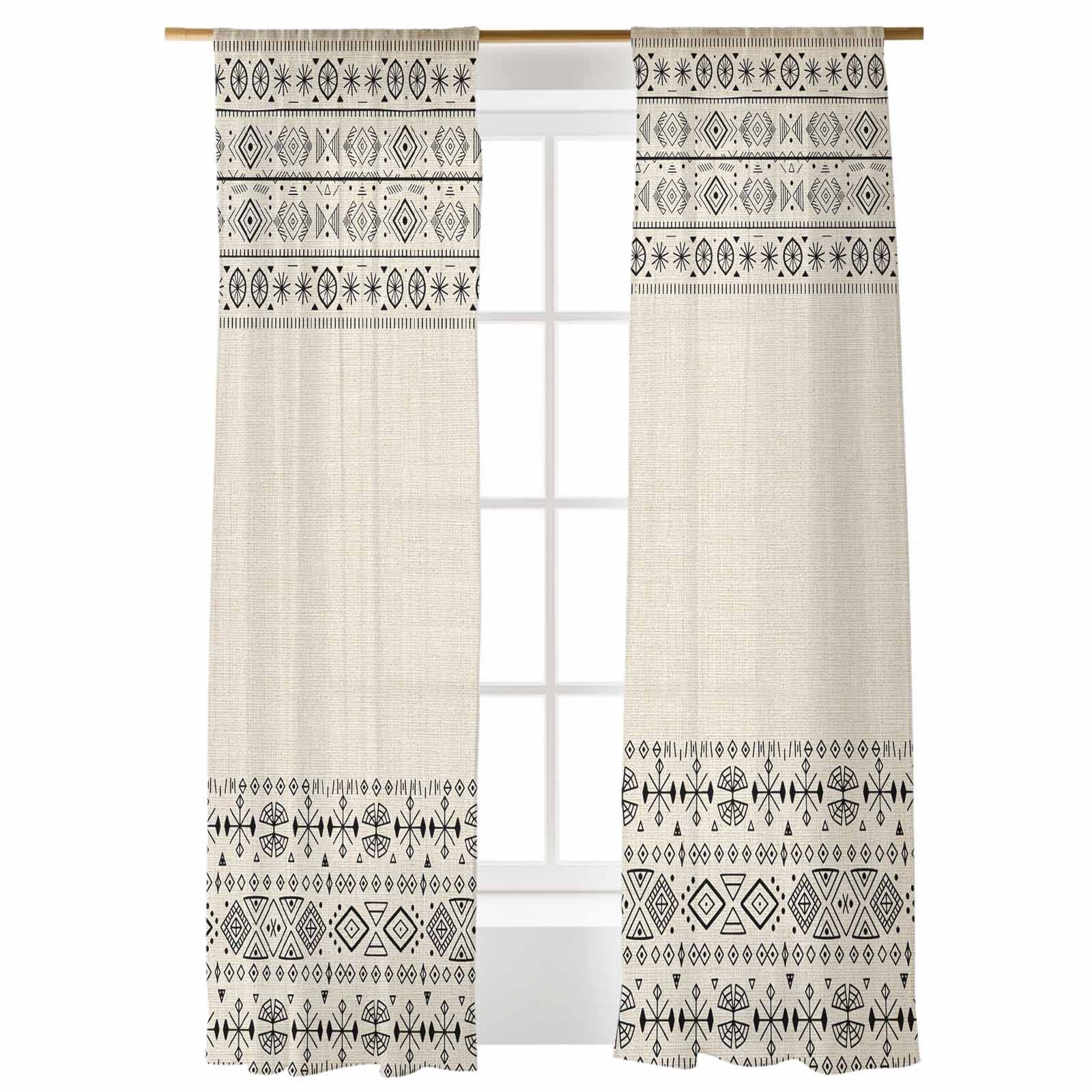 Sheer Curtains 108 inches Long, Bohemian Ethnic Brown Black Lines Linen ...