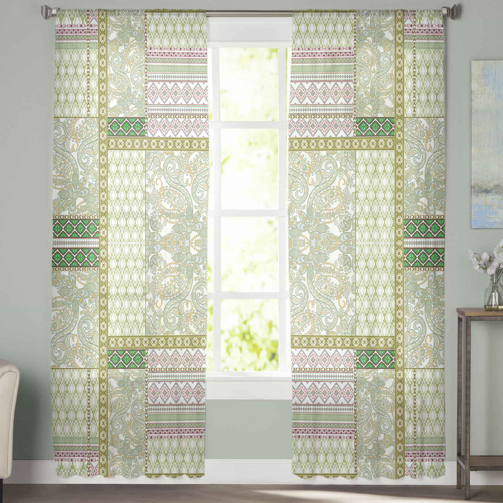 Sheer Curtains 108 inches Long, Boho Flowers Leaves Perris Pattern ...