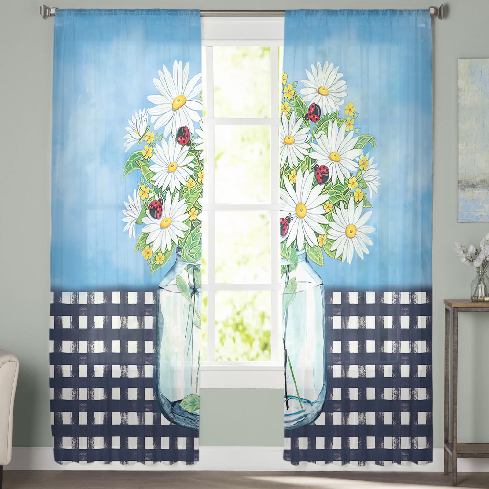 Sheer Curtains 108 inches Long, Buffalo Grid Daisy Flower Ladybug Sky ...