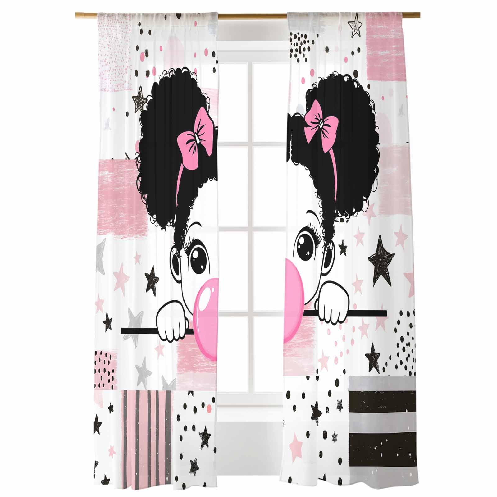 Sheer Curtains 108 inches Long, Cute Girl Pink Bow Black Pentagram ...