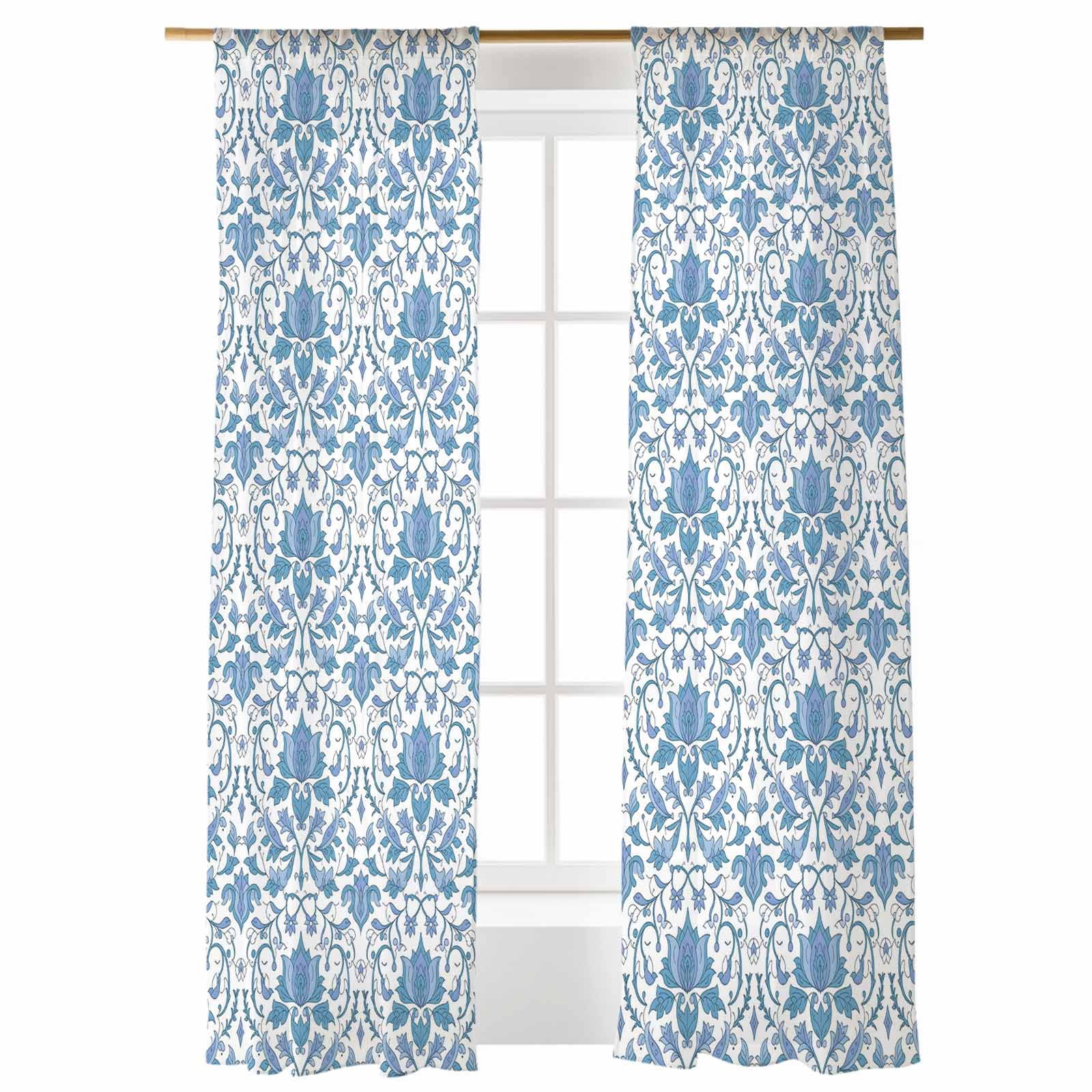 Sheer Curtains 108 inches Long, Ethnic Style Retro Medieval Blue Flower ...