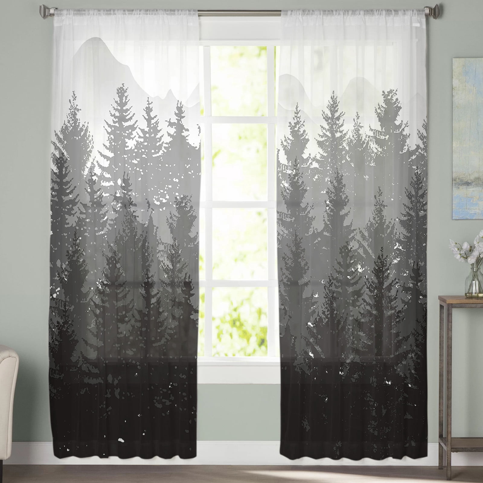 Sheer Curtains 108 inches Long, Fall Forest Silhouette Black Geay Art ...