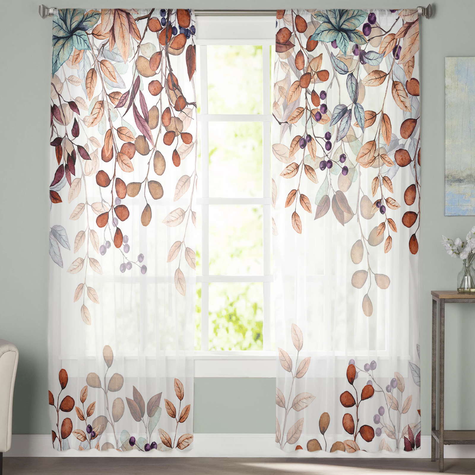 Sheer Curtains 108 inches Long, Fall Leaf Silhouette Light Filtering ...