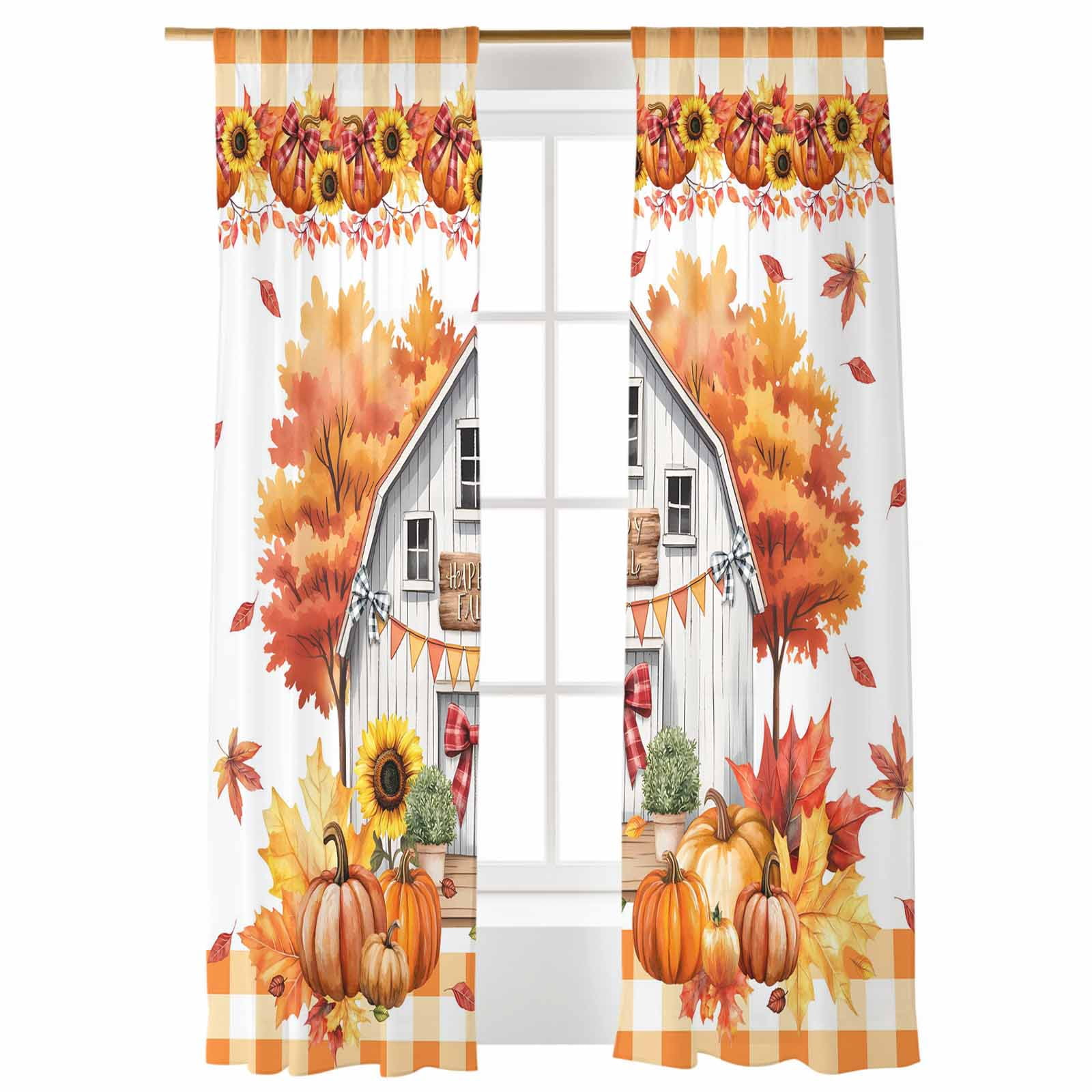 Sheer Curtains 108 inches Long, Fall Pumpkin Farmhouse Maple Leaf ...
