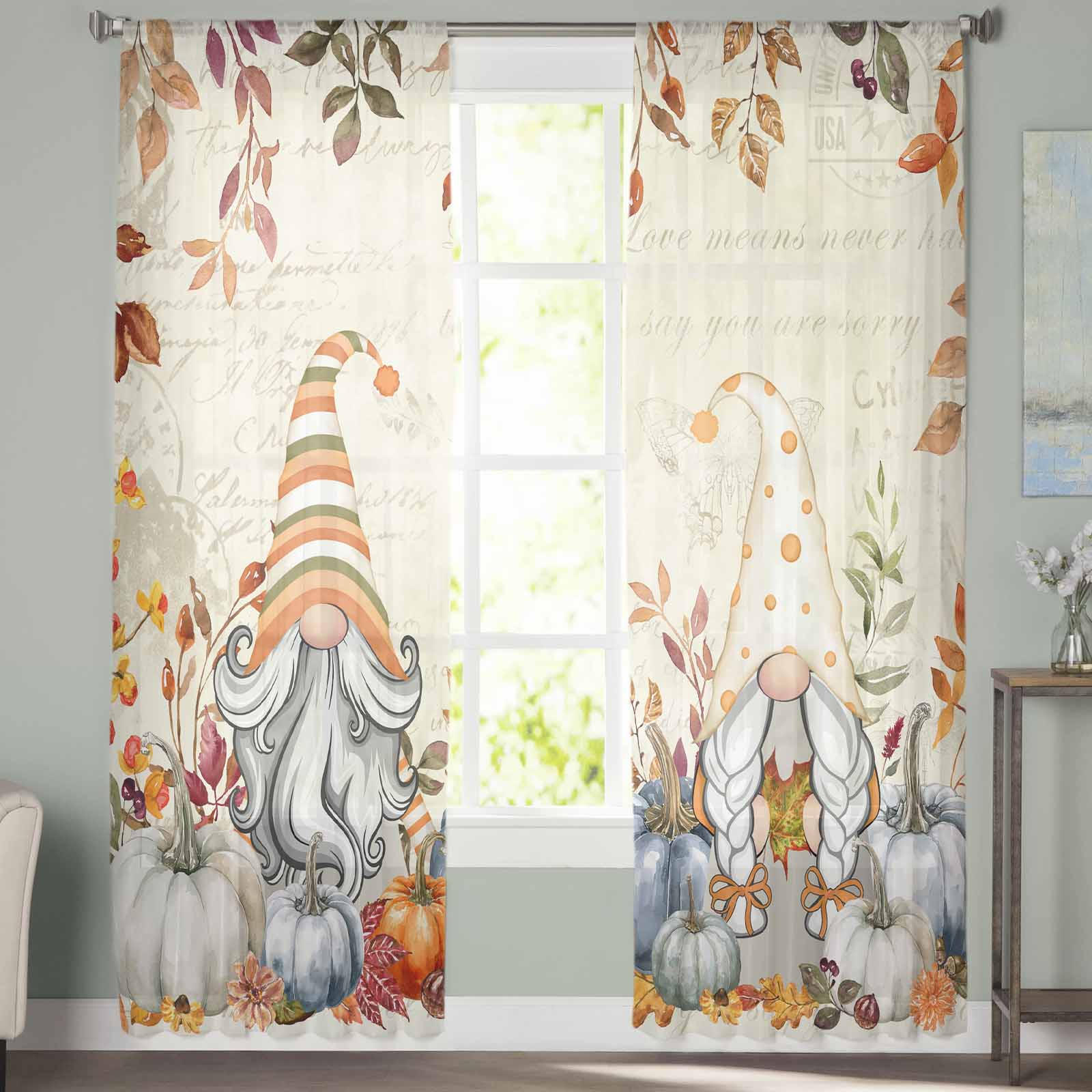 Sheer Curtains 108 inches Long, Fall Pumpkin Gnome Wood Texture Linen ...