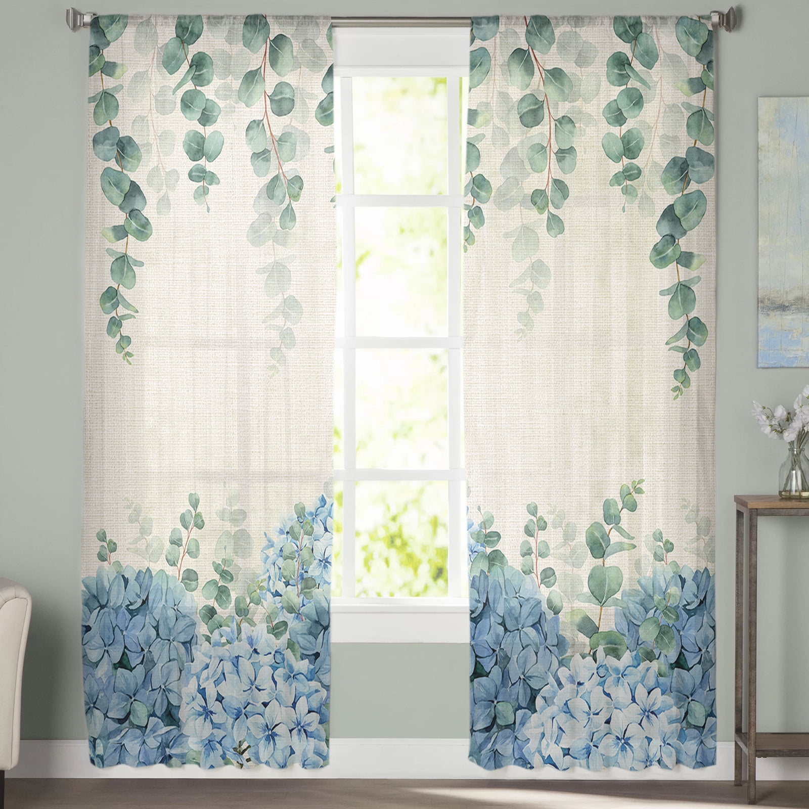 Sheer Curtains 108 inches Long, Farmhouse Eucalyptus Blue Hydrangea ...