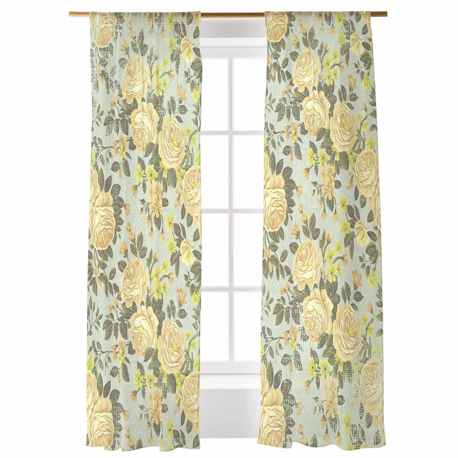 Sheer Curtains 108 inches Long, Flowers Mural Retro Yellow Camellia ...
