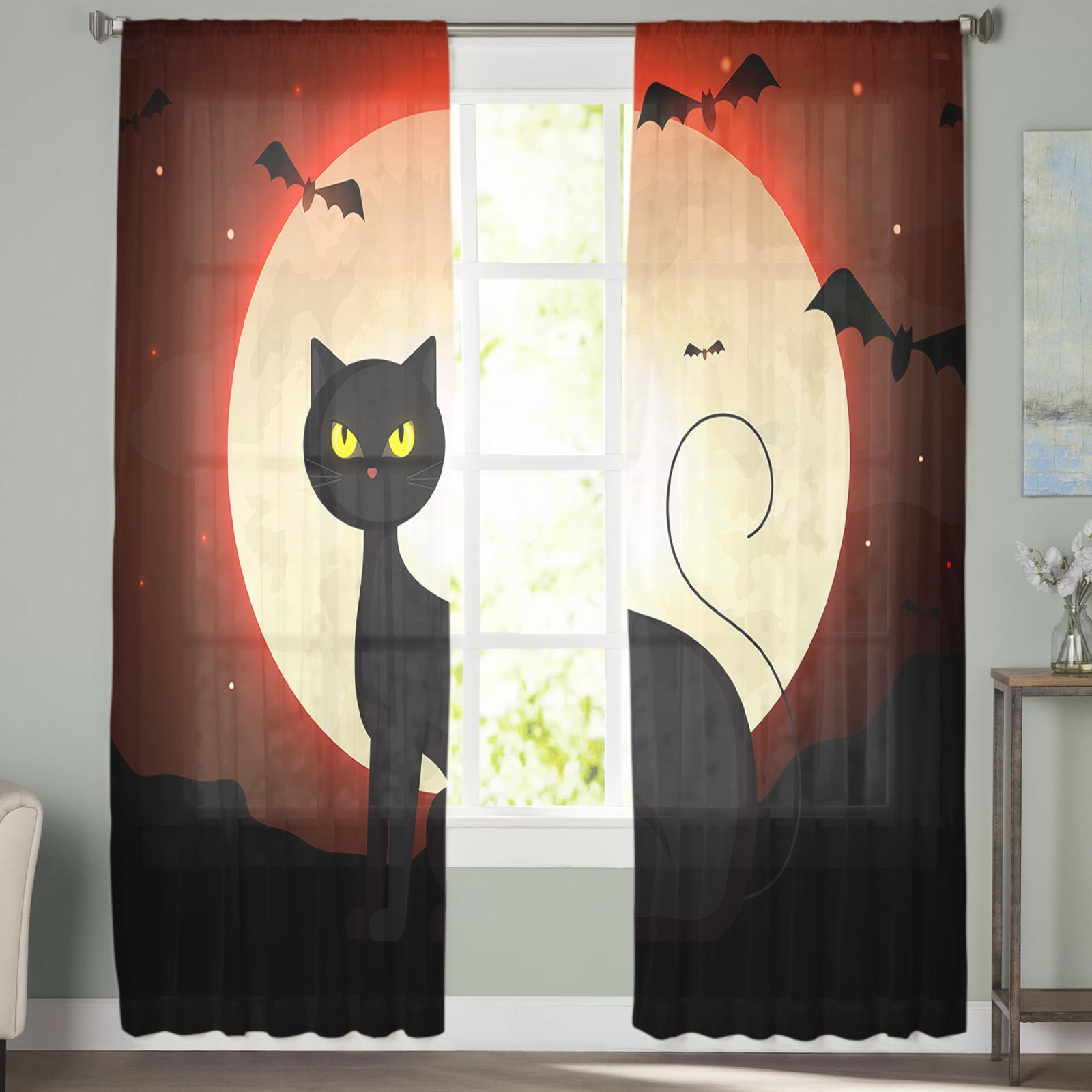 Sheer Curtains 108 inches Long, Halloween Black Cat Full Moon Bat Light ...