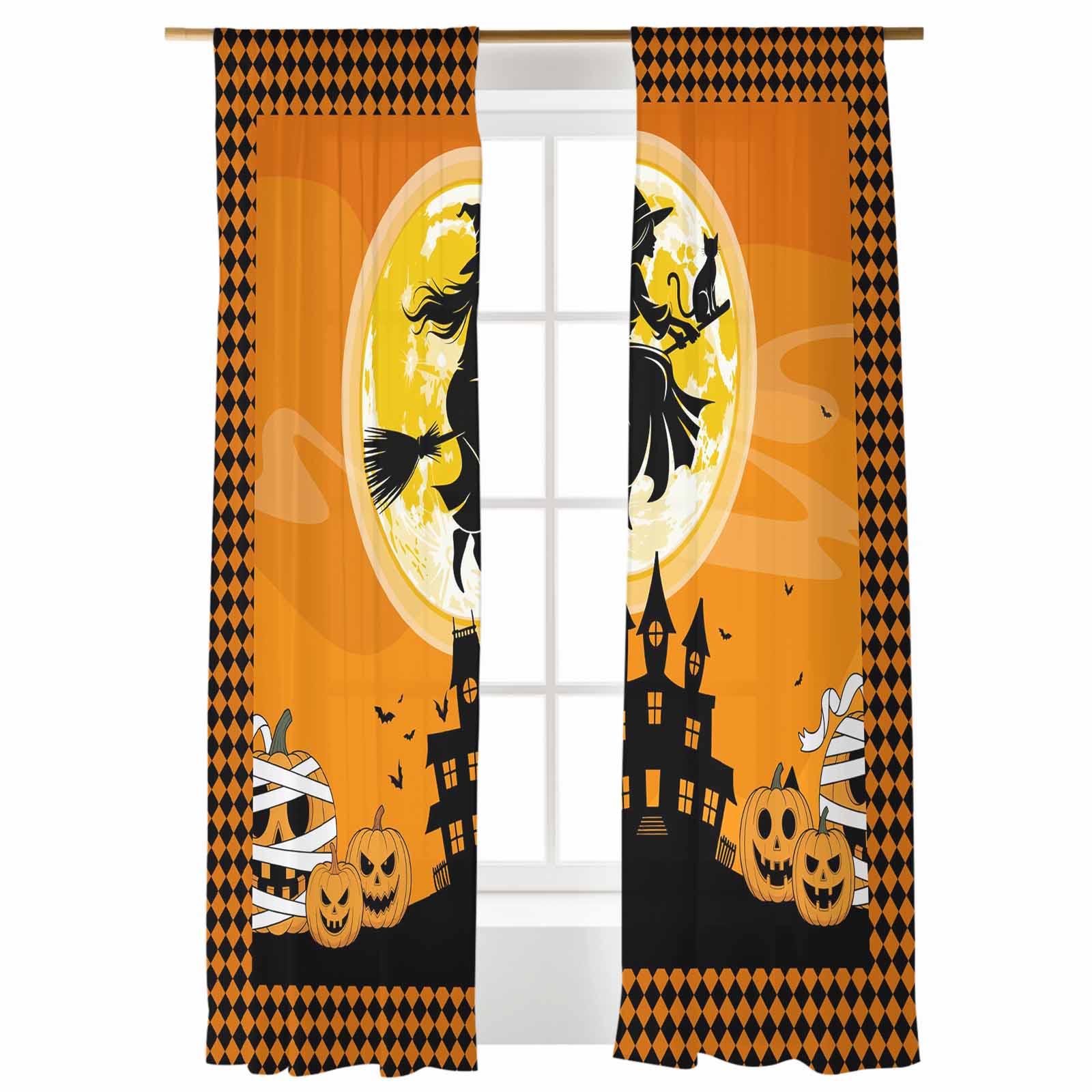 Sheer Curtains 108 inches Long, Halloween Fall Witch Cat Castle ...