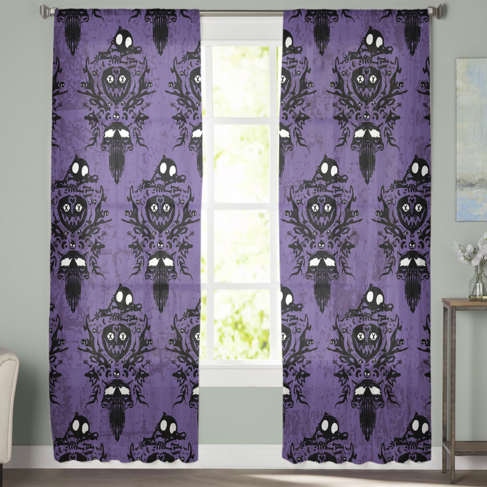 Sheer Curtains 108 inches Long, Halloween Haunted House Skull Bat Light ...