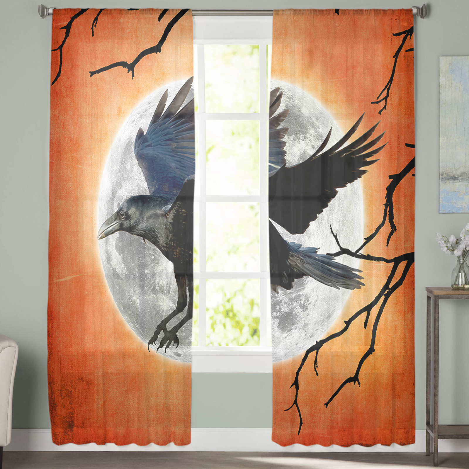 Sheer Curtains 108 inches Long, Halloween Raven Fly Orange Light ...