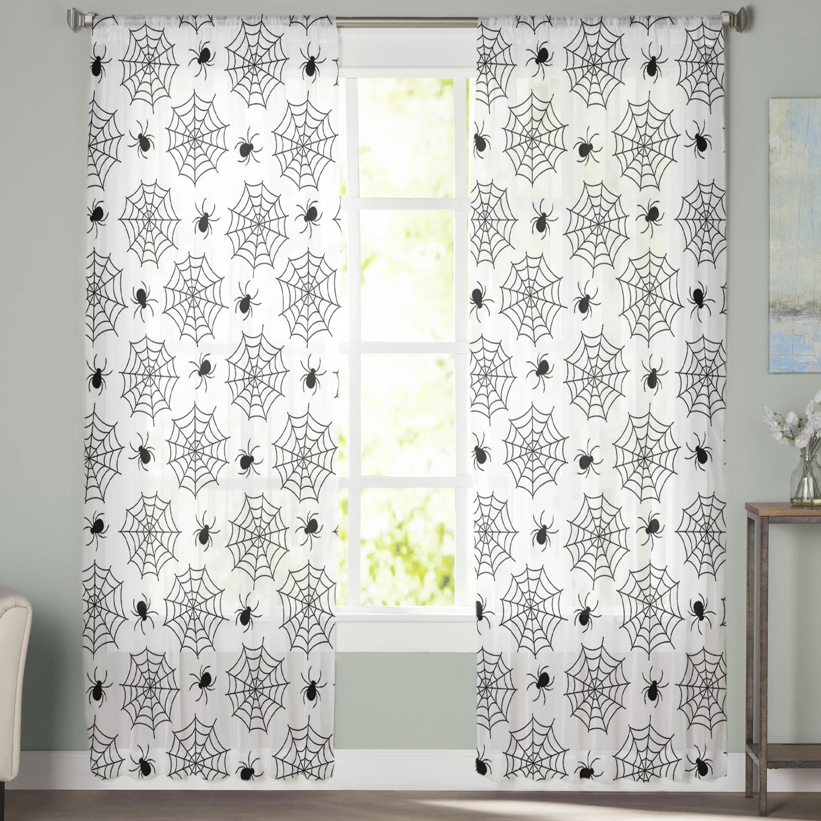 Sheer Curtains 108 inches Long, Halloween Spider Web Texture White ...