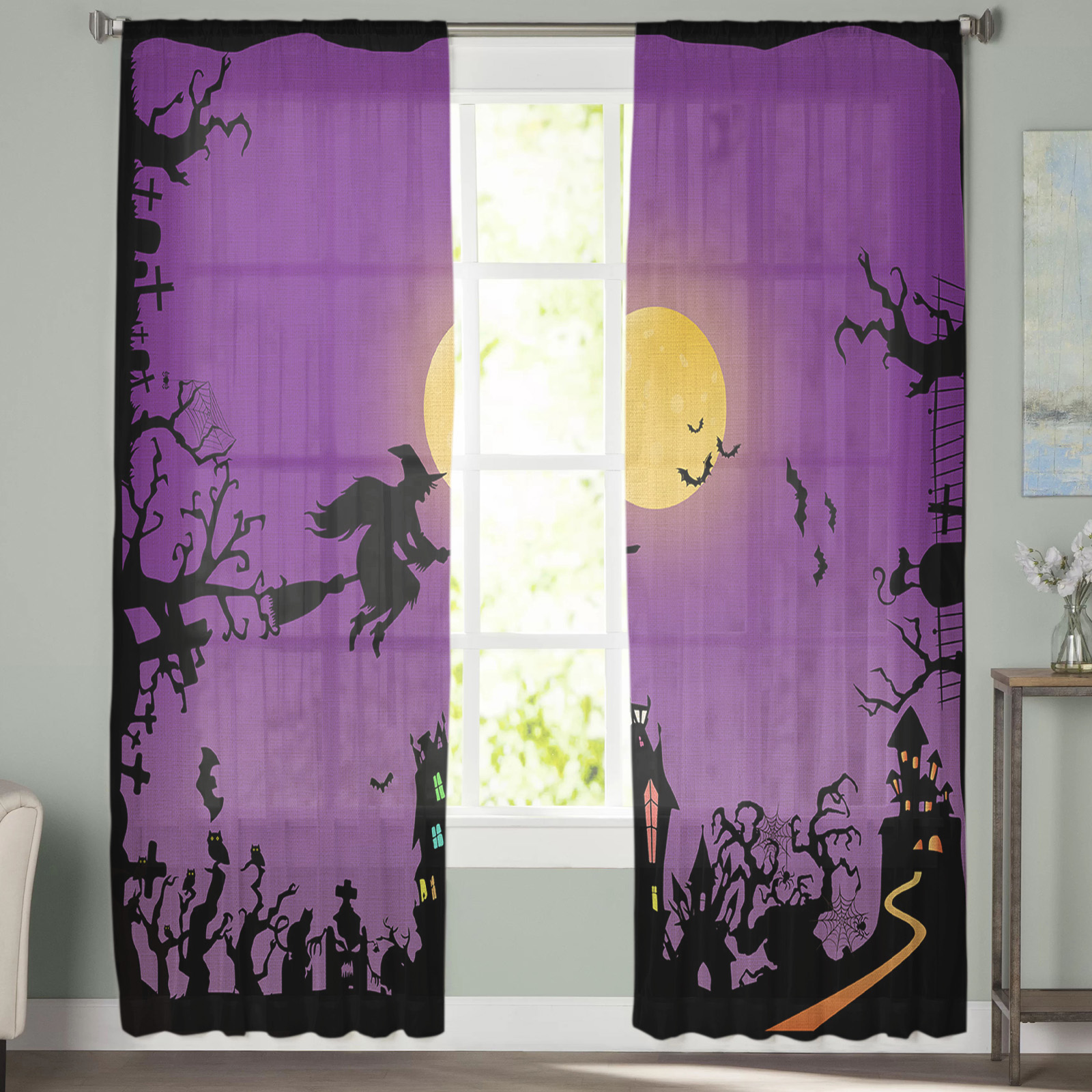 Sheer Curtains 108 inches Long, Halloween Witch Full Moon Castle Purple ...