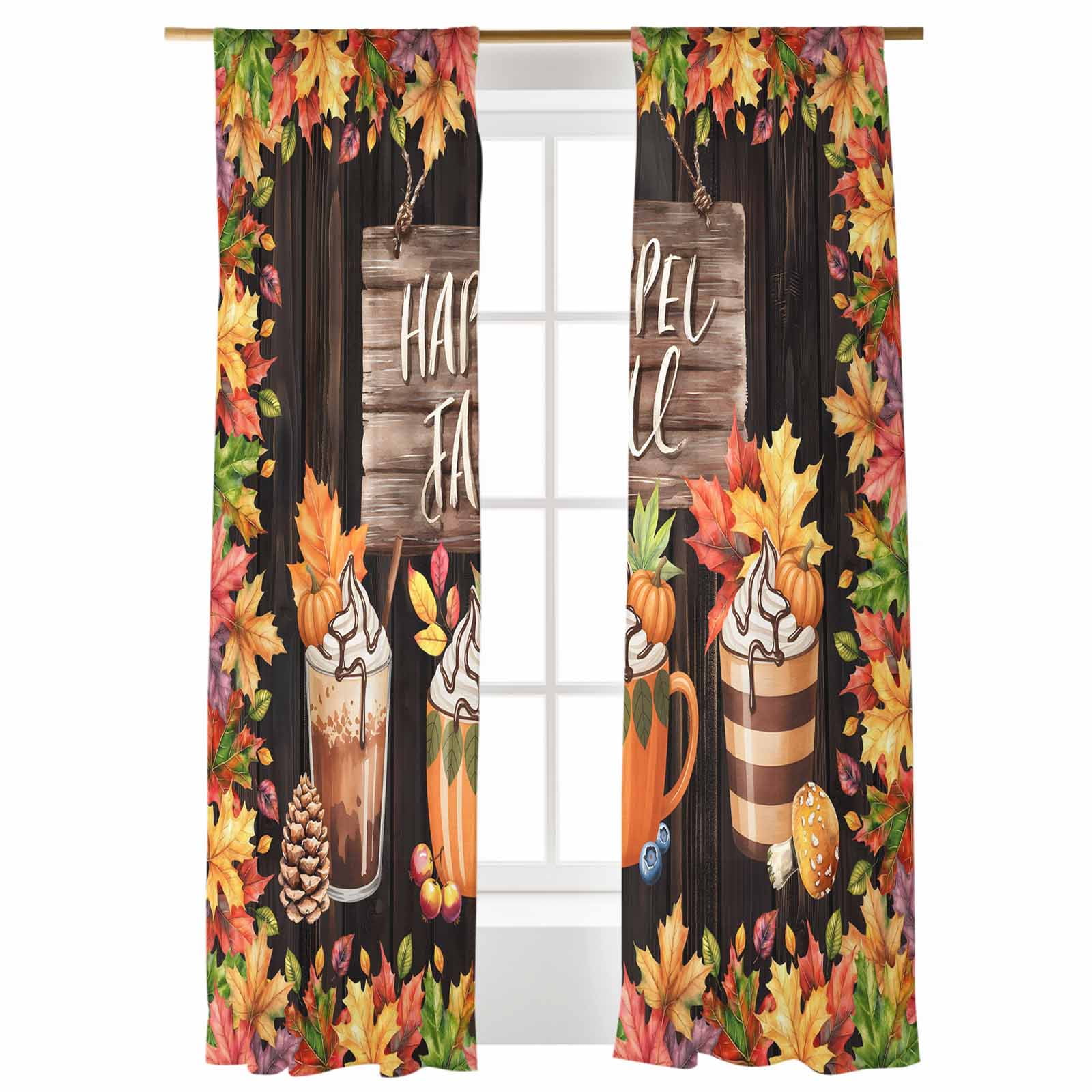 Sheer Curtains 108 inches Long, Happy Fall Coffee Maple Leaf Pine Cone ...