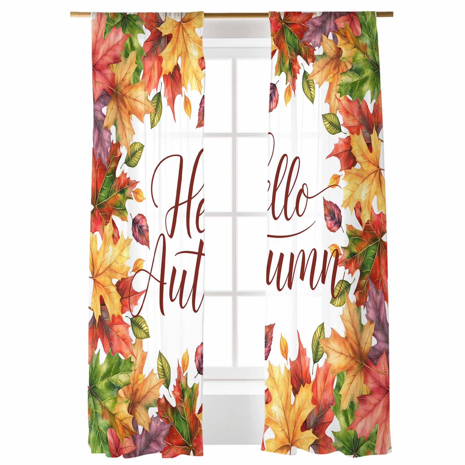 Sheer Curtains 108 inches Long, Hello Autumn Text Maple Leaves ...