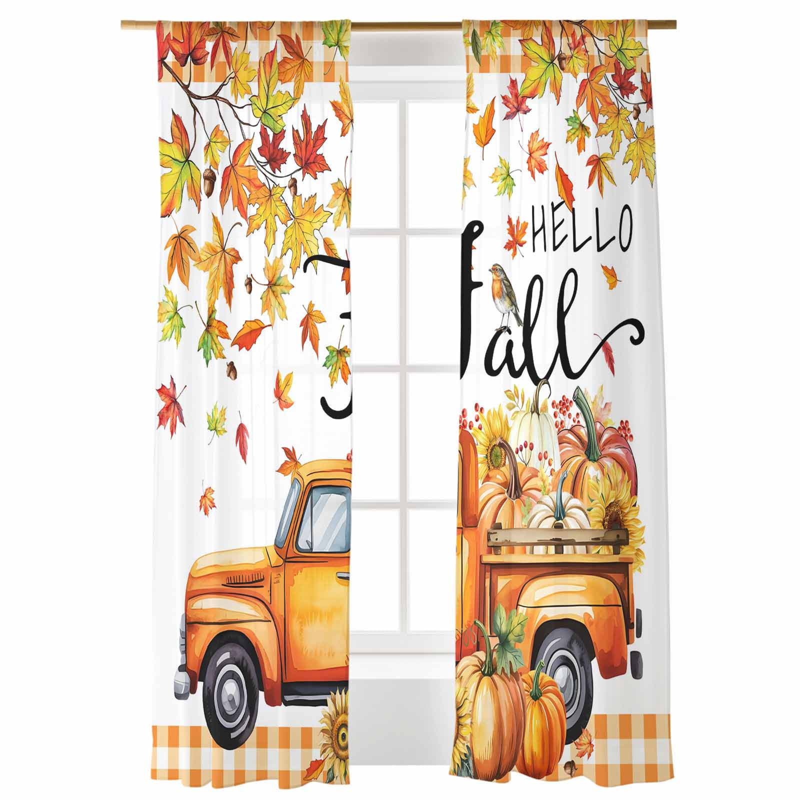 Sheer Curtains 108 inches Long, Hello Fall Harvest Truck Autumn Maple ...