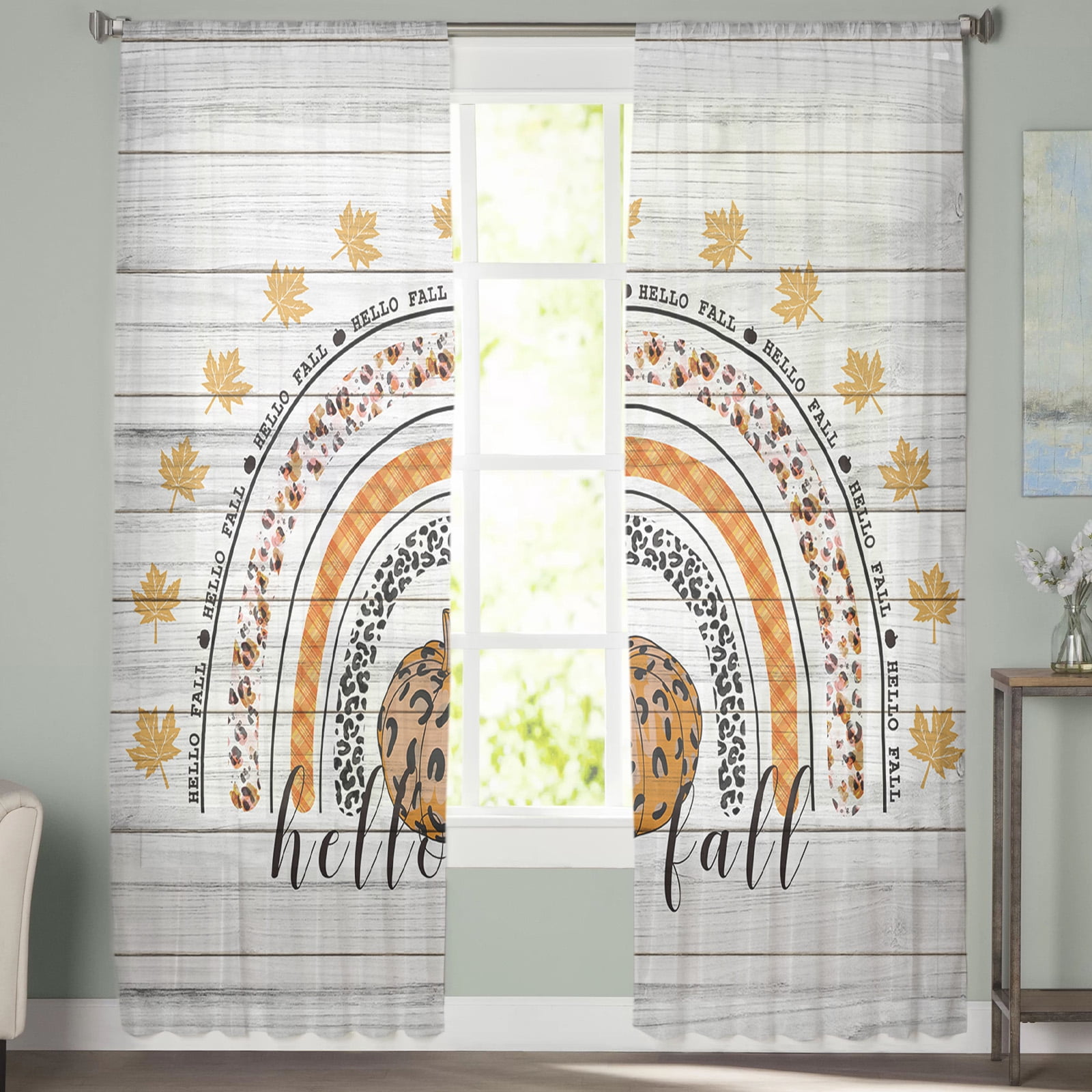 Sheer Curtains 108 inches Long, Hello Fall Thanksgiving Pumpkins Maple ...