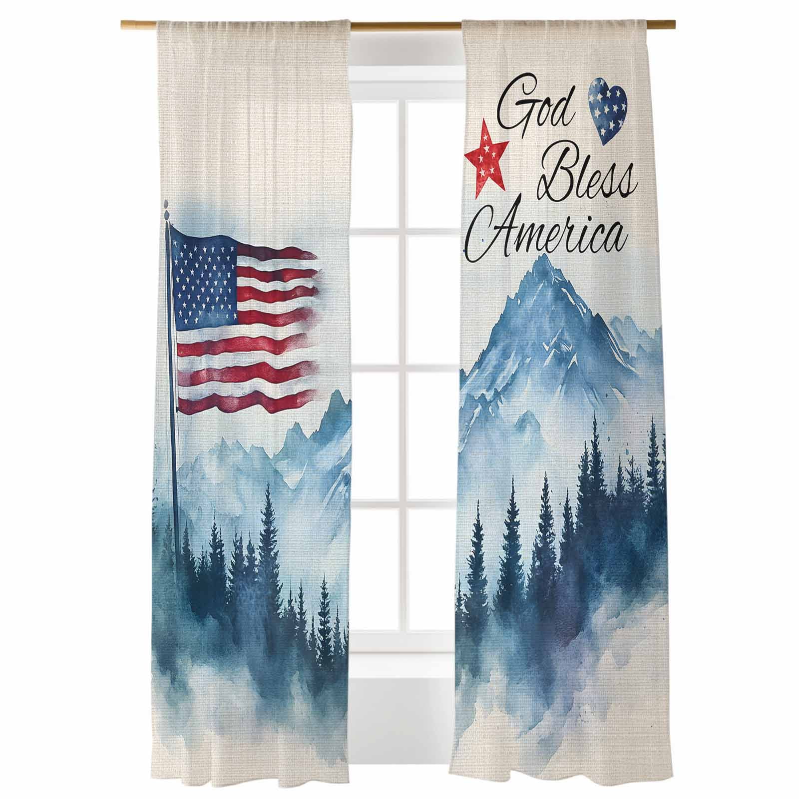 Sheer Curtains 108 inches Long, Independence Day God Bless American Mountain Forest Light ...