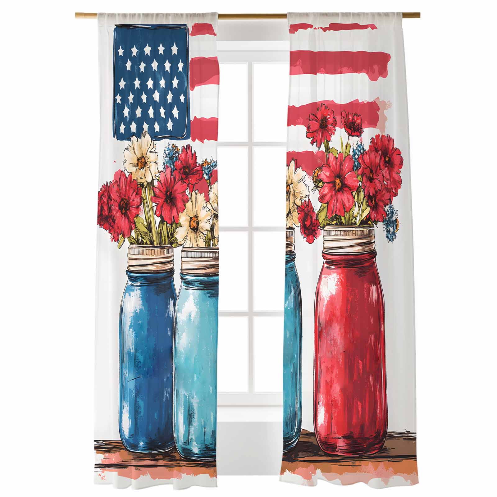 Sheer Curtains 108 inches Long, Independence Day Vintage Red Blue Flora ...