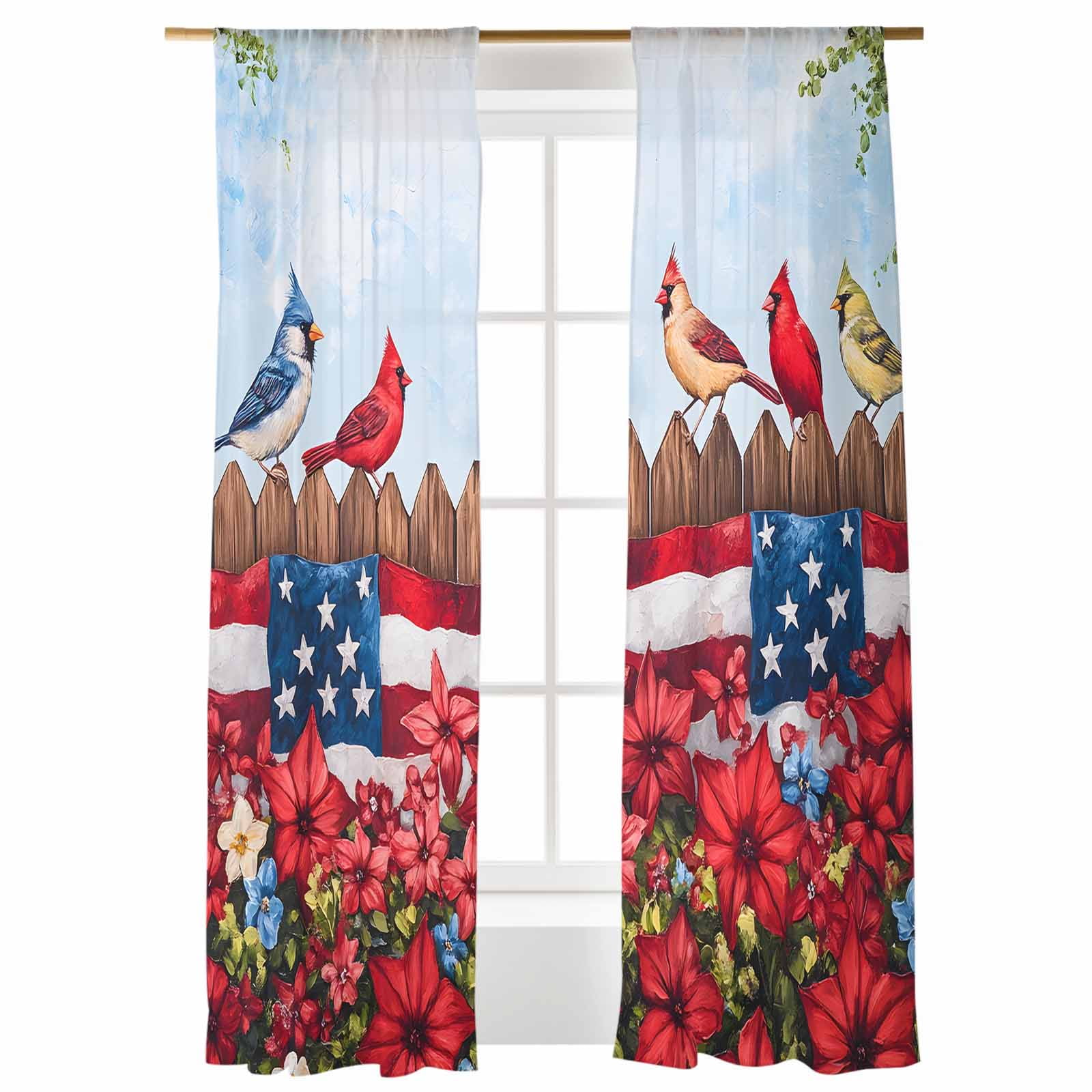 Sheer Curtains 108 inches Long, Independence Day Vintage Red Flora Bird USA Flag Light Filtering ...