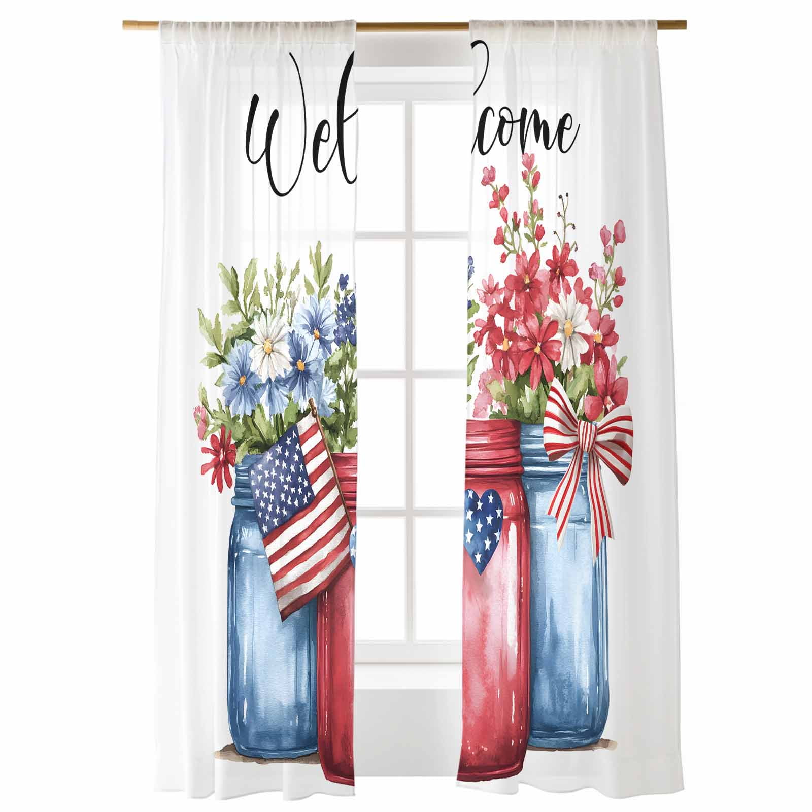 Sheer Curtains 108 inches Long, Independence Day Welcome Flower ...
