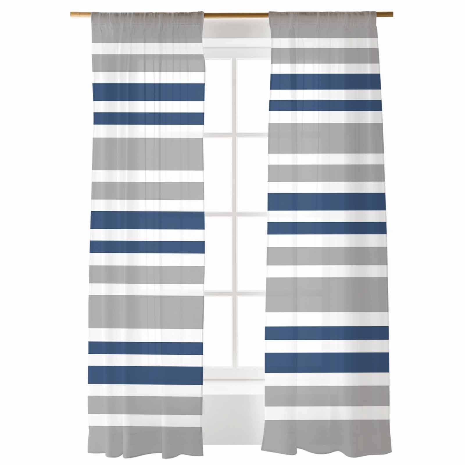 Sheer Curtains 108 inches Long, Navy Blue and Gray Stripe Abstract Minimalist Modern Art Light ...