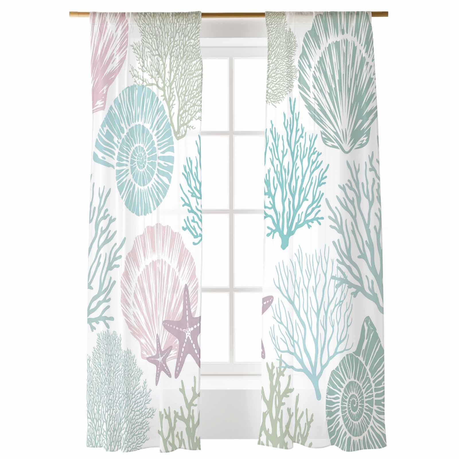 Sheer Curtains 108 inches Long, Ocean Life Texture Watercolor Coral ...